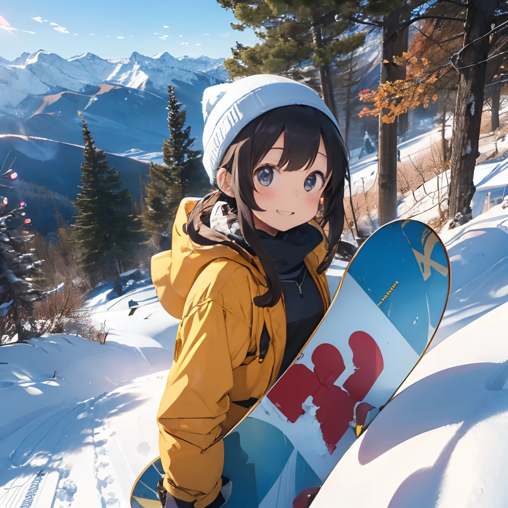Anime girl in yellow jacket holding snowboard in snowy area - SeaArt AI