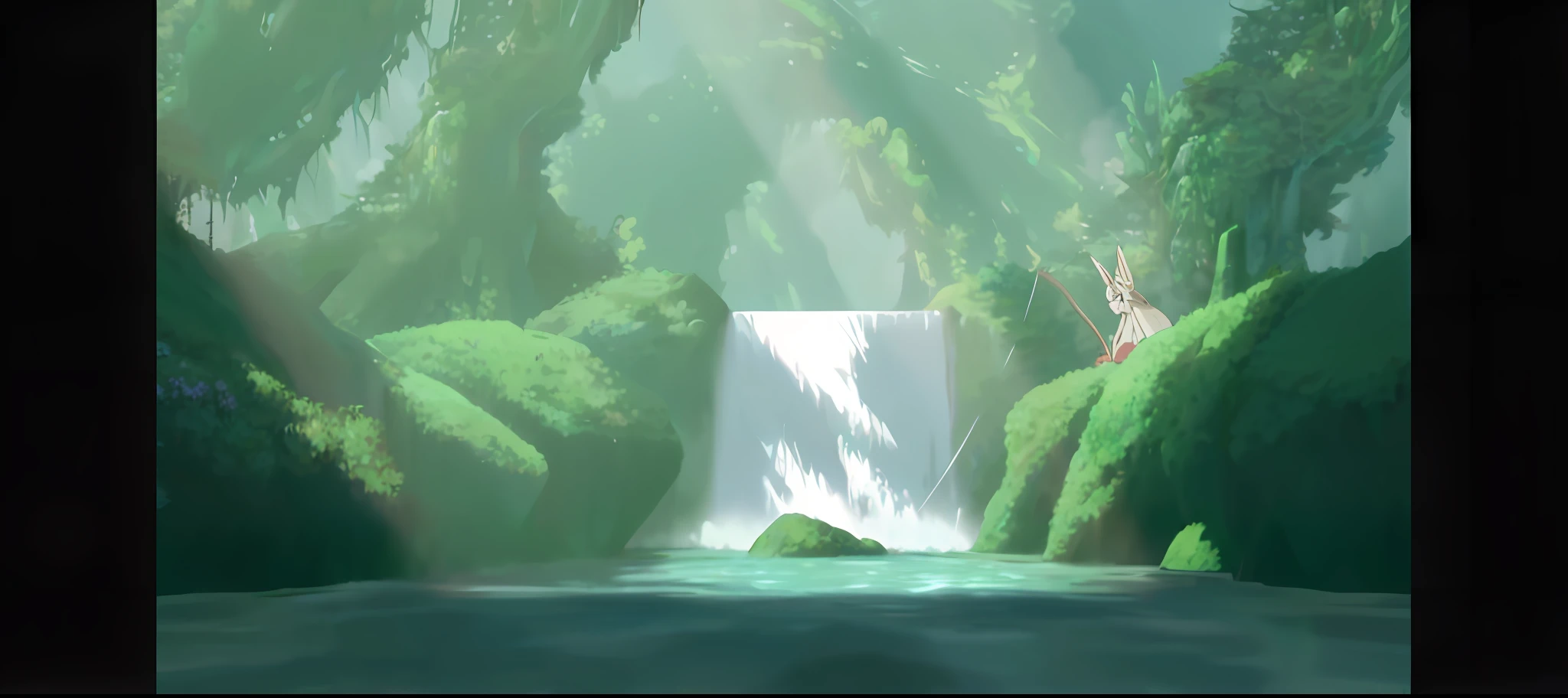 There is a waterfall in the middle of a forest with a person standing ...