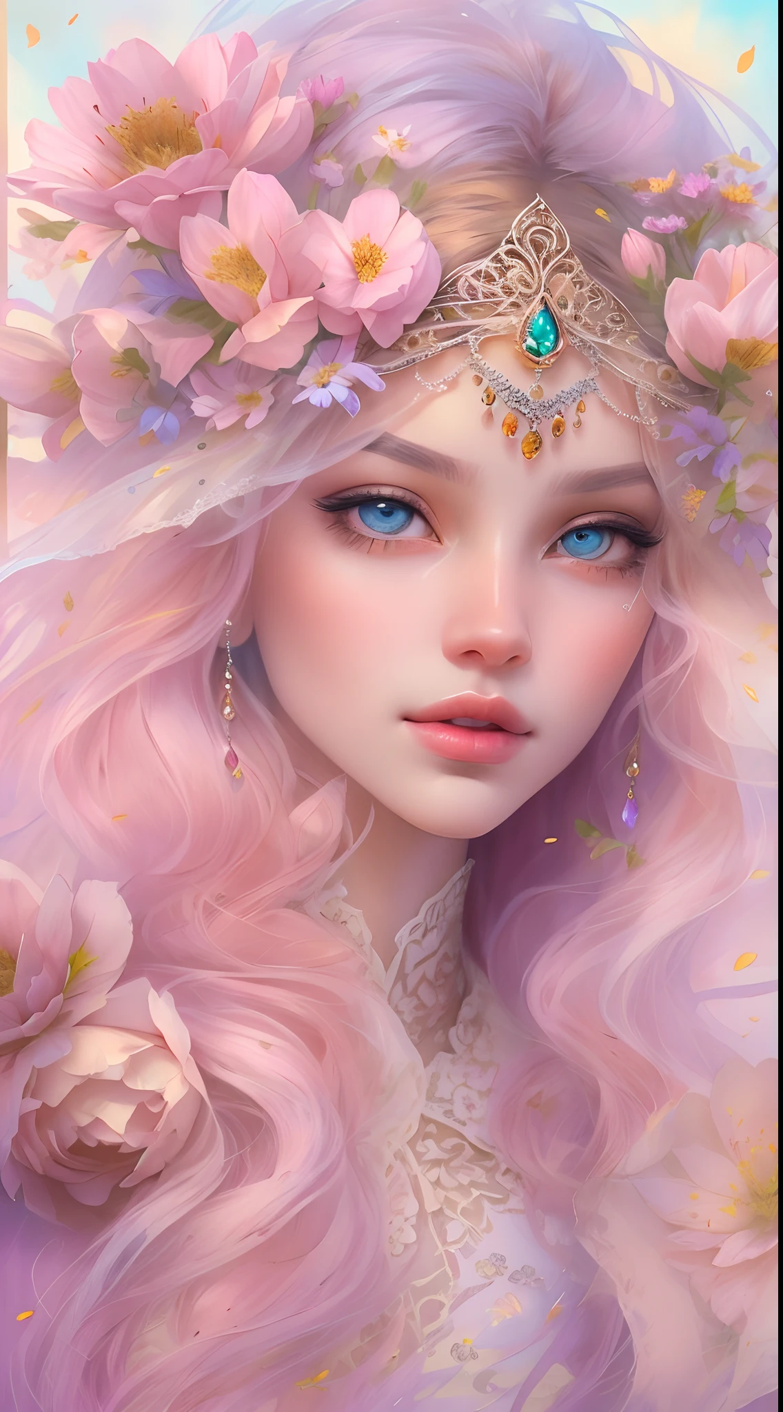 A close up of a woman with long pink hair and flowers in her hair ...