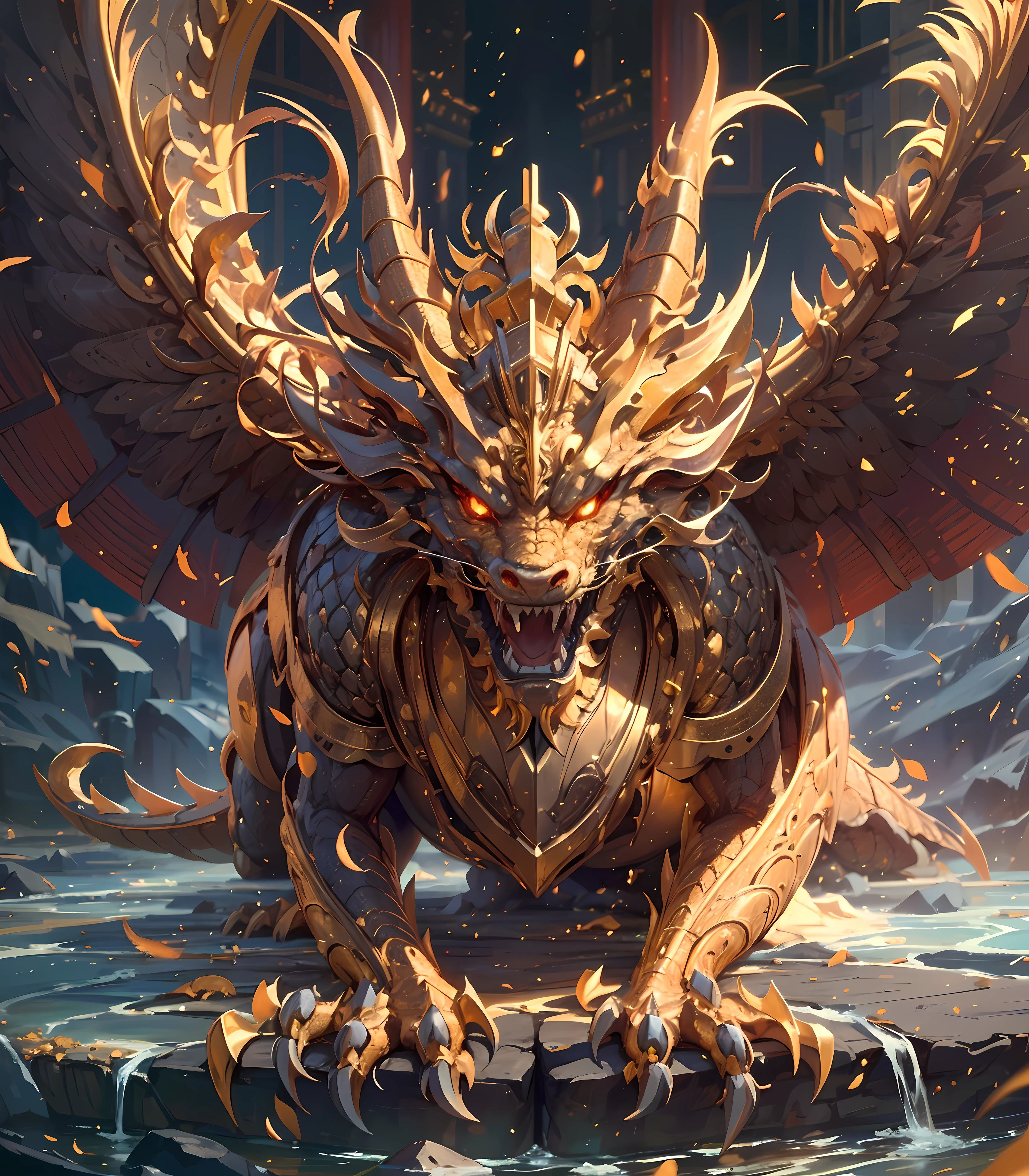 A close up of a dragon with wings on a body of water - SeaArt AI
