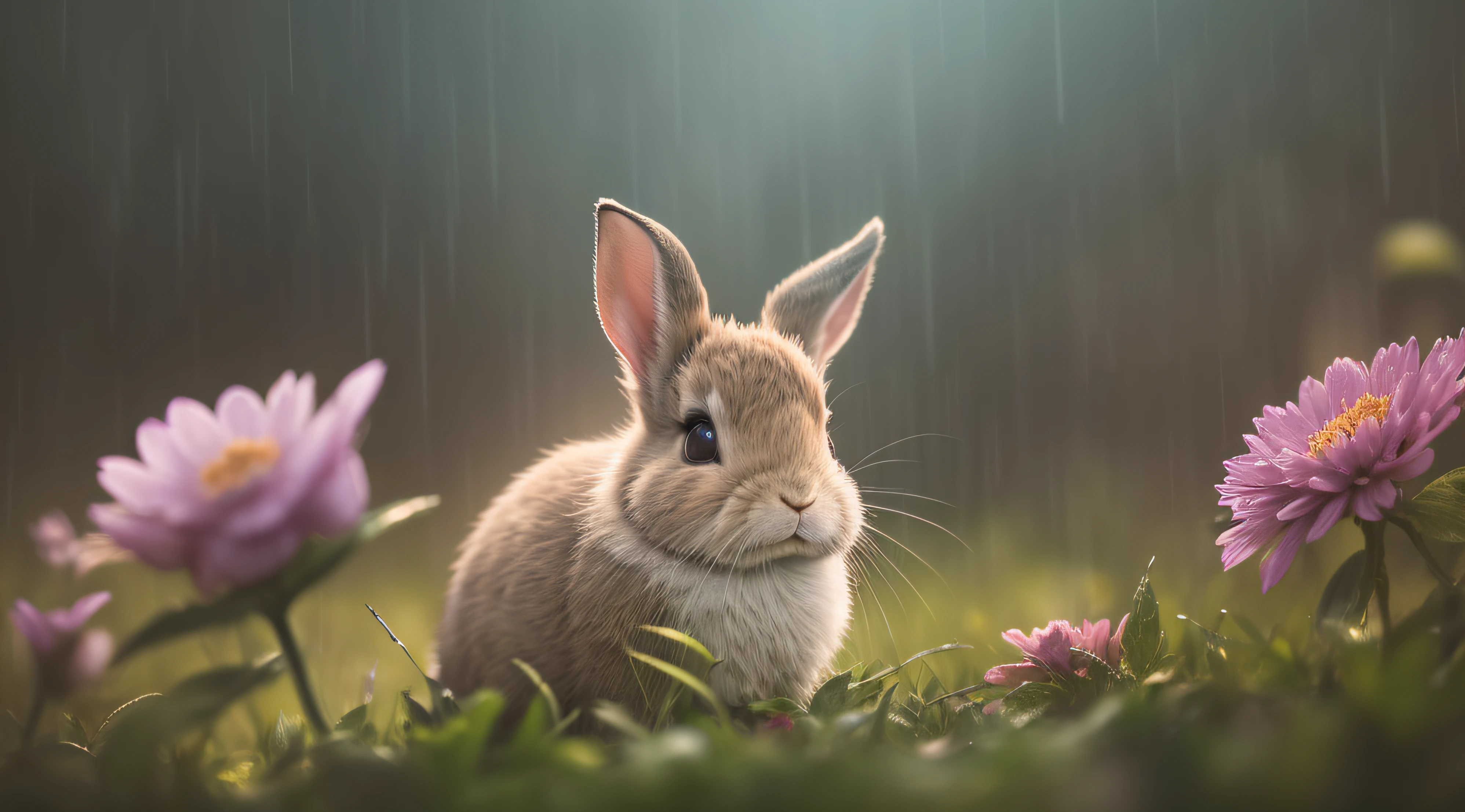 There is a rabbit that is sitting in the grass with flowers - SeaArt AI