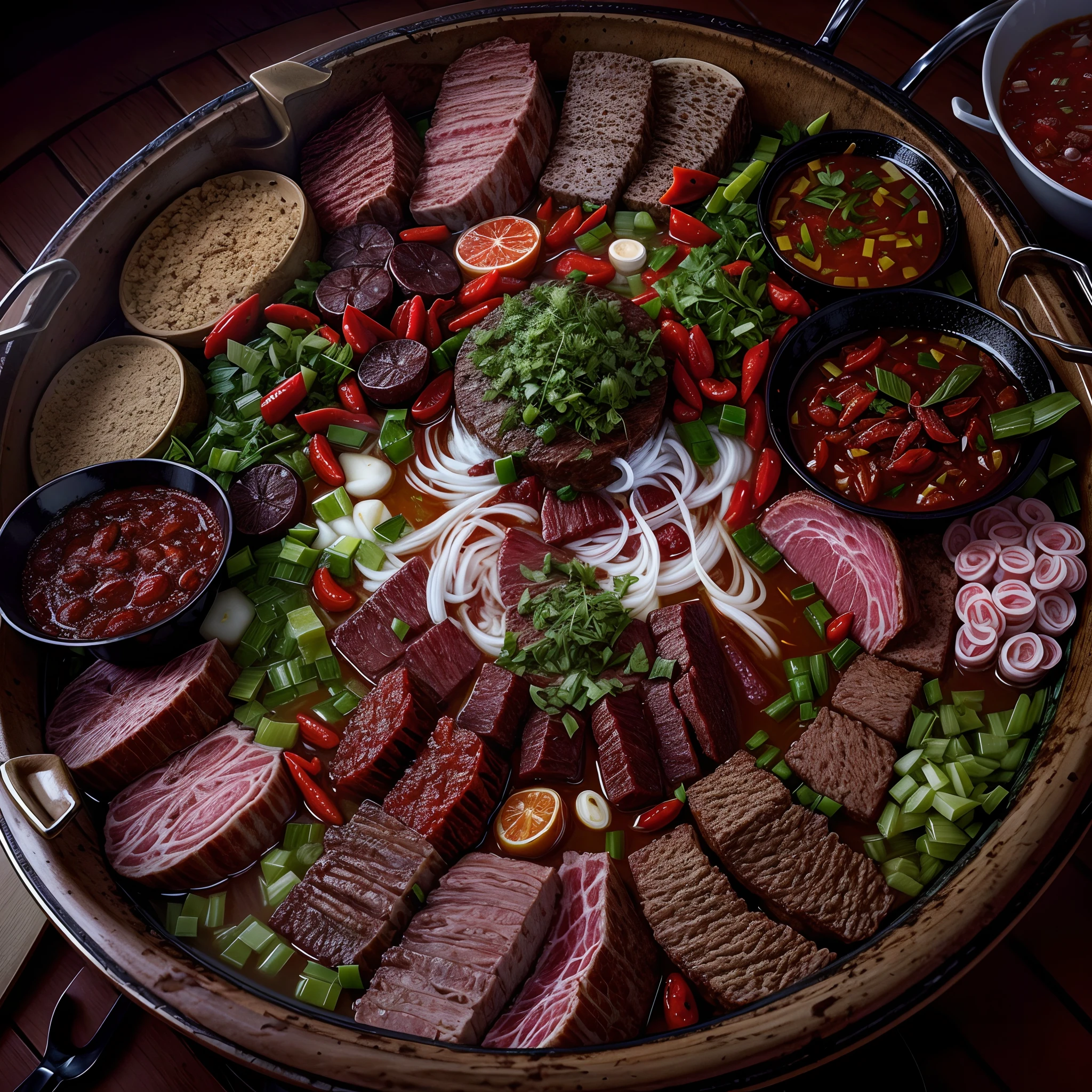 A close up of a platter of meat and vegetables with sauces - SeaArt AI