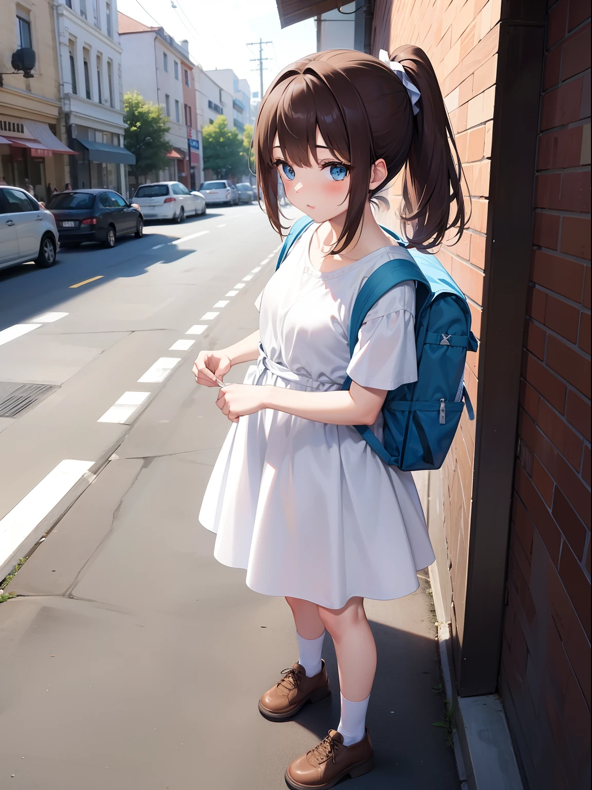 Anime girl with a backpack standing on a sidewalk in front of a ...