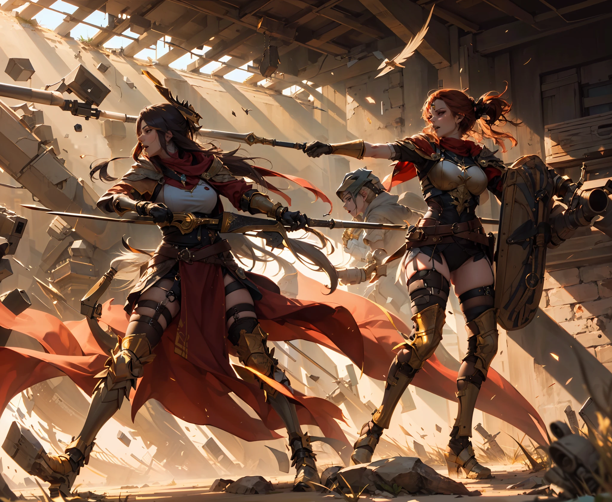 A close up of two women with swords and armor in a building - SeaArt AI
