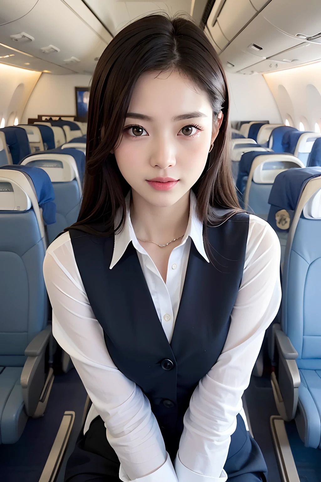 A close up of a woman sitting on a plane with a seat - SeaArt AI