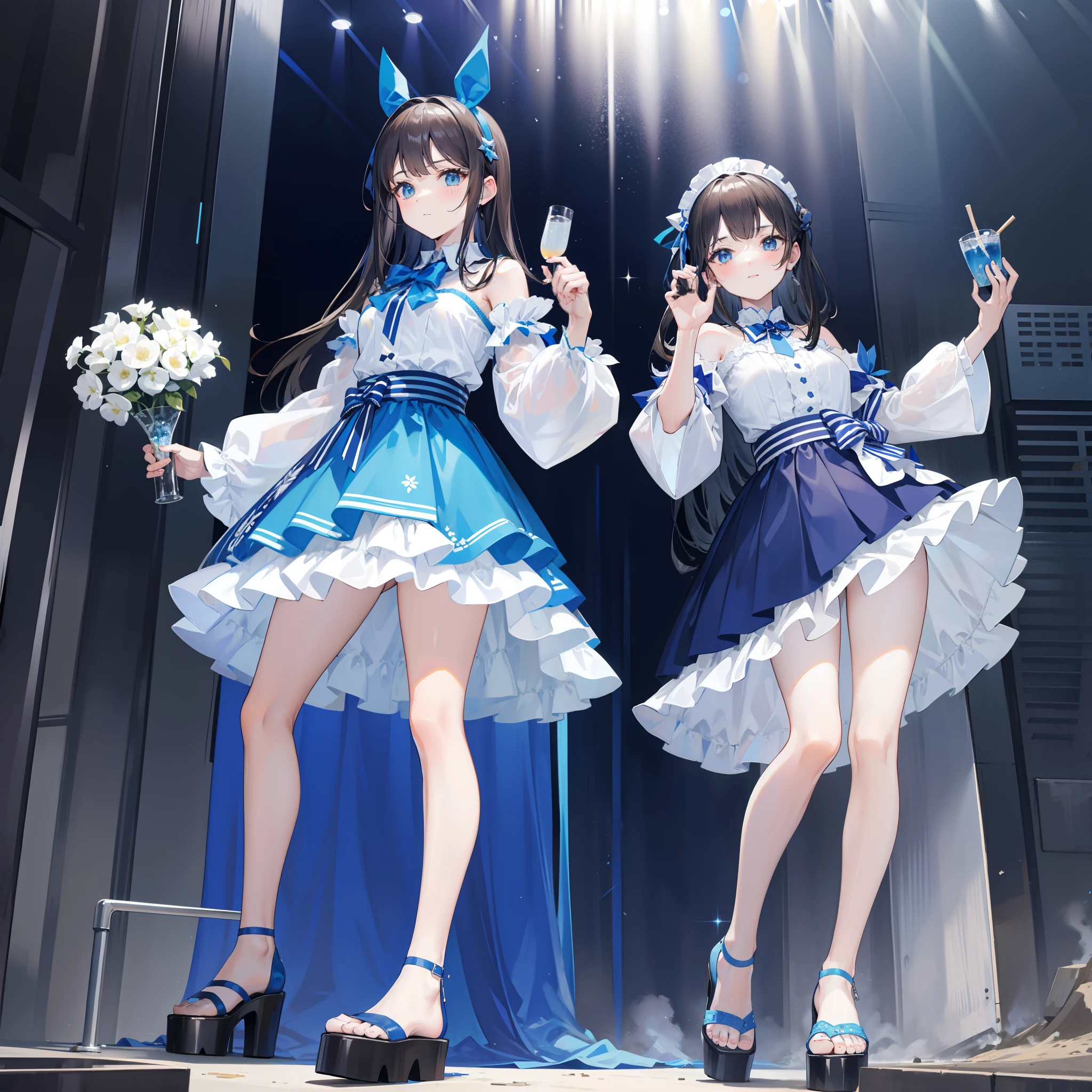 Two women in blue and white dresses standing on stage - SeaArt AI