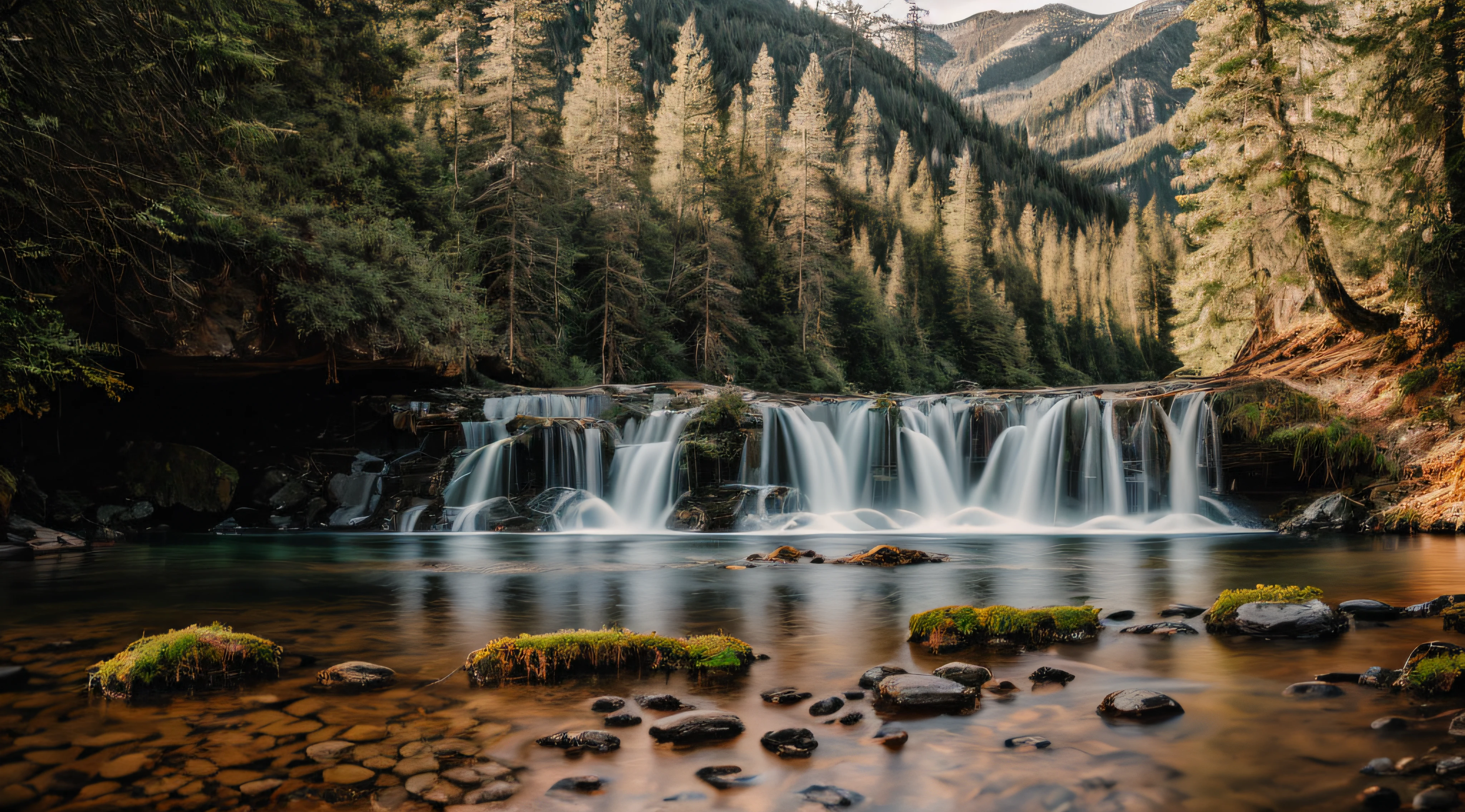 A close up of a waterfall in a forest with rocks and trees - SeaArt AI