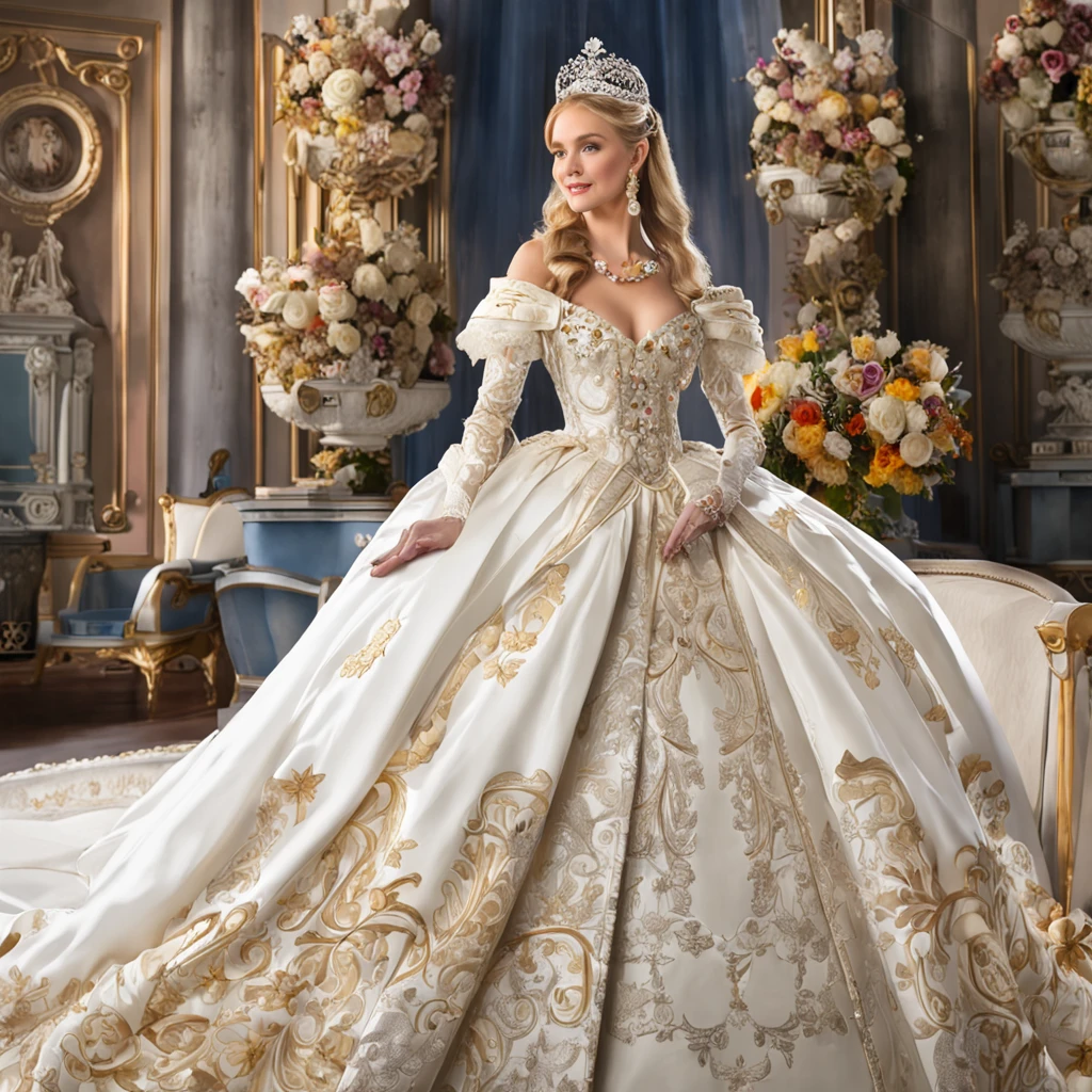 A woman in a wedding dress standing in a room with flowers - SeaArt AI