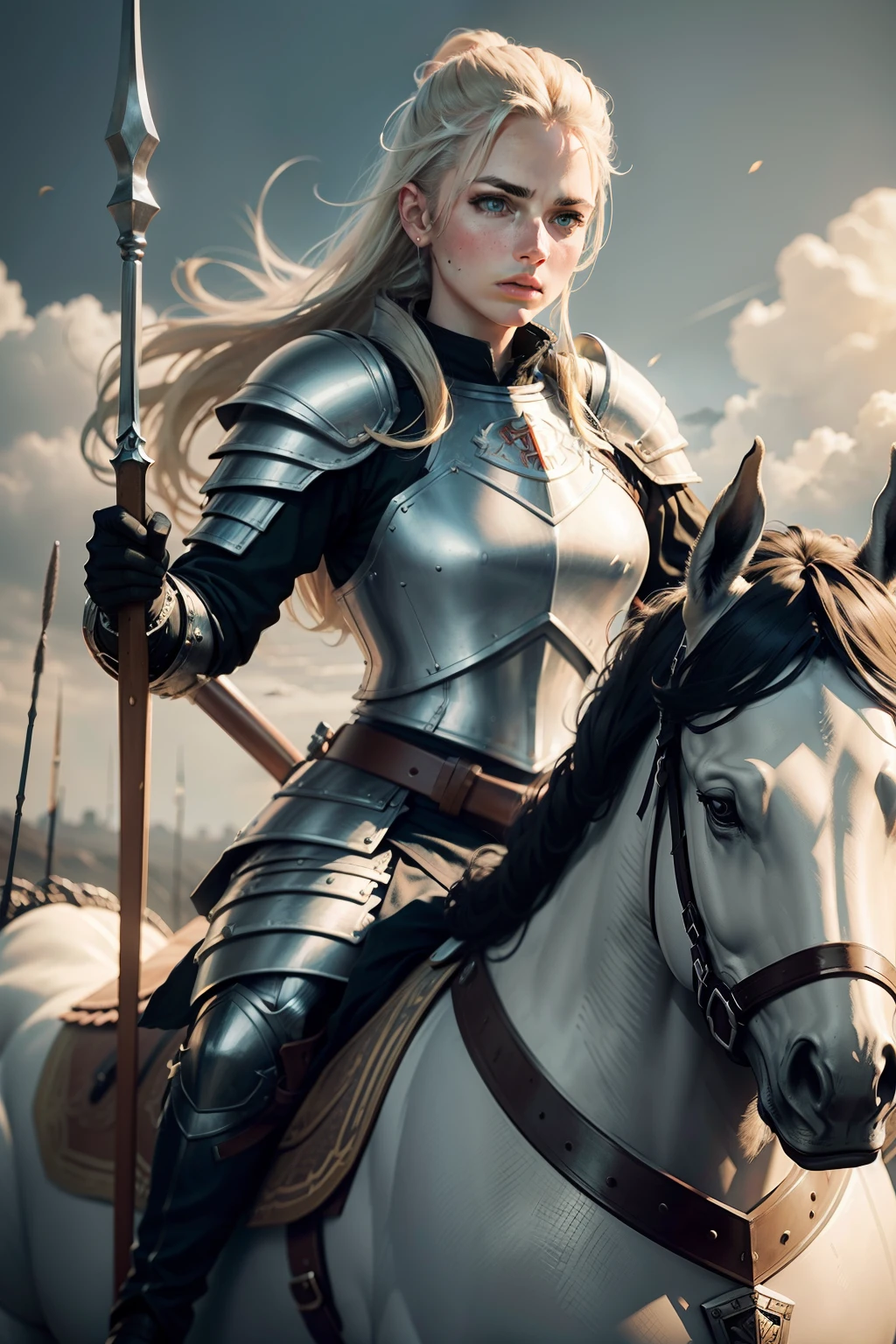 Blond woman in armor riding on a white horse with a spear - SeaArt AI