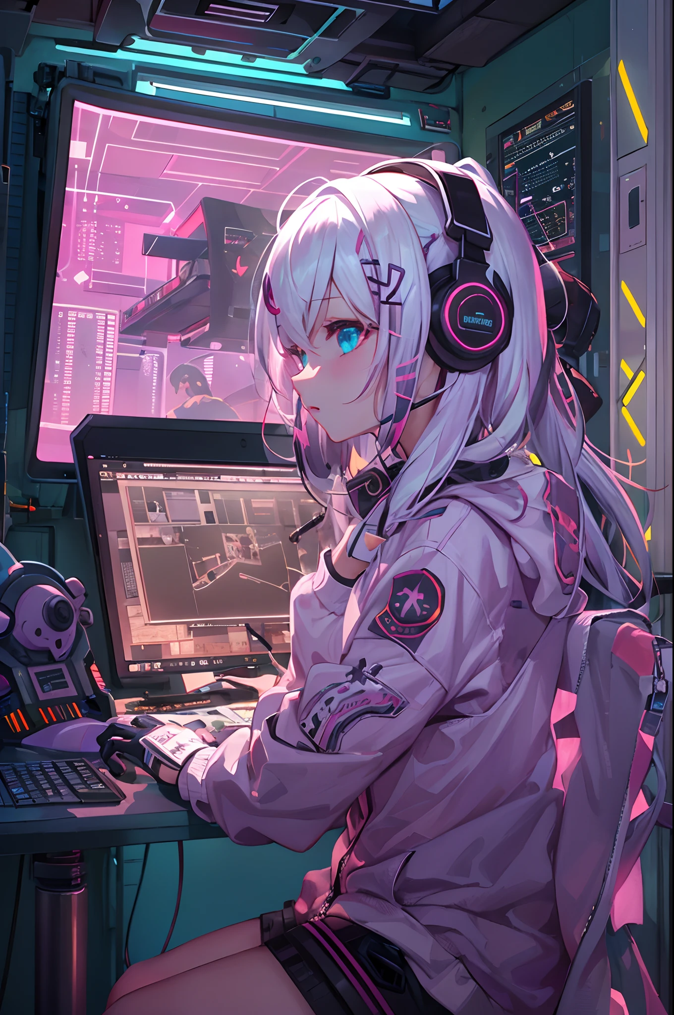 Anime girl in a space station with a computer and headphones - SeaArt AI