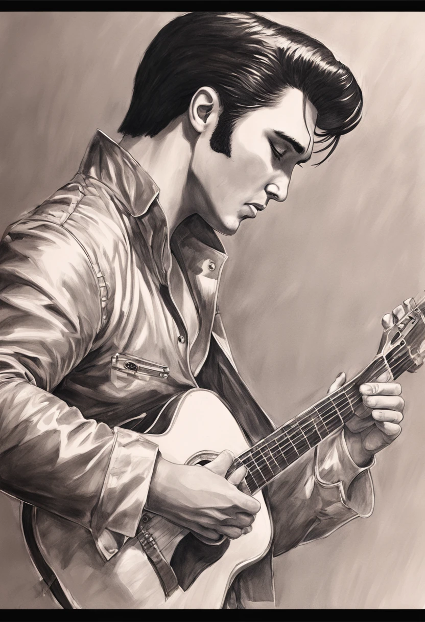 A drawing of a man playing a guitar in a leather jacket - SeaArt AI