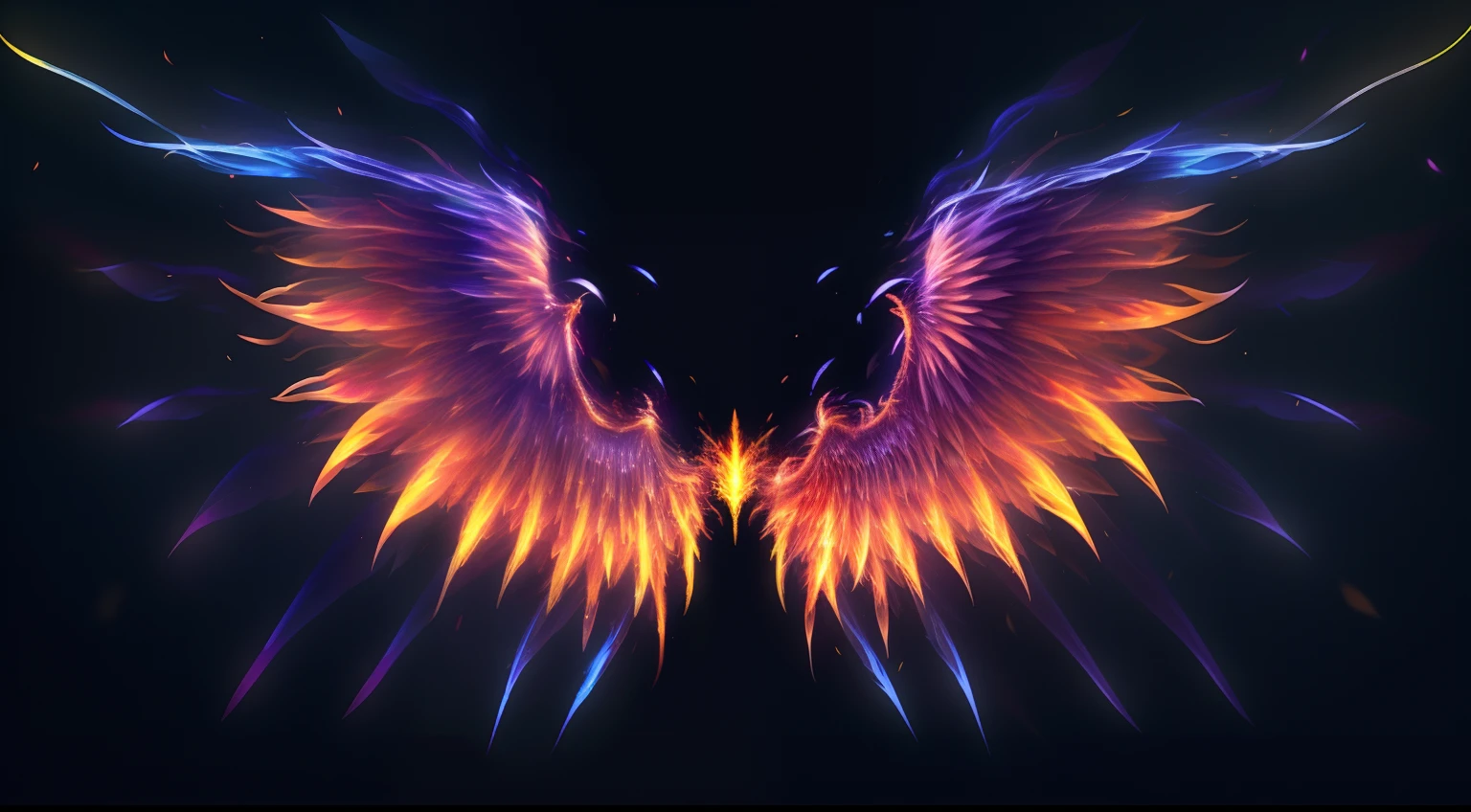 A colorful fire angel wings on a black background - SeaArt AI