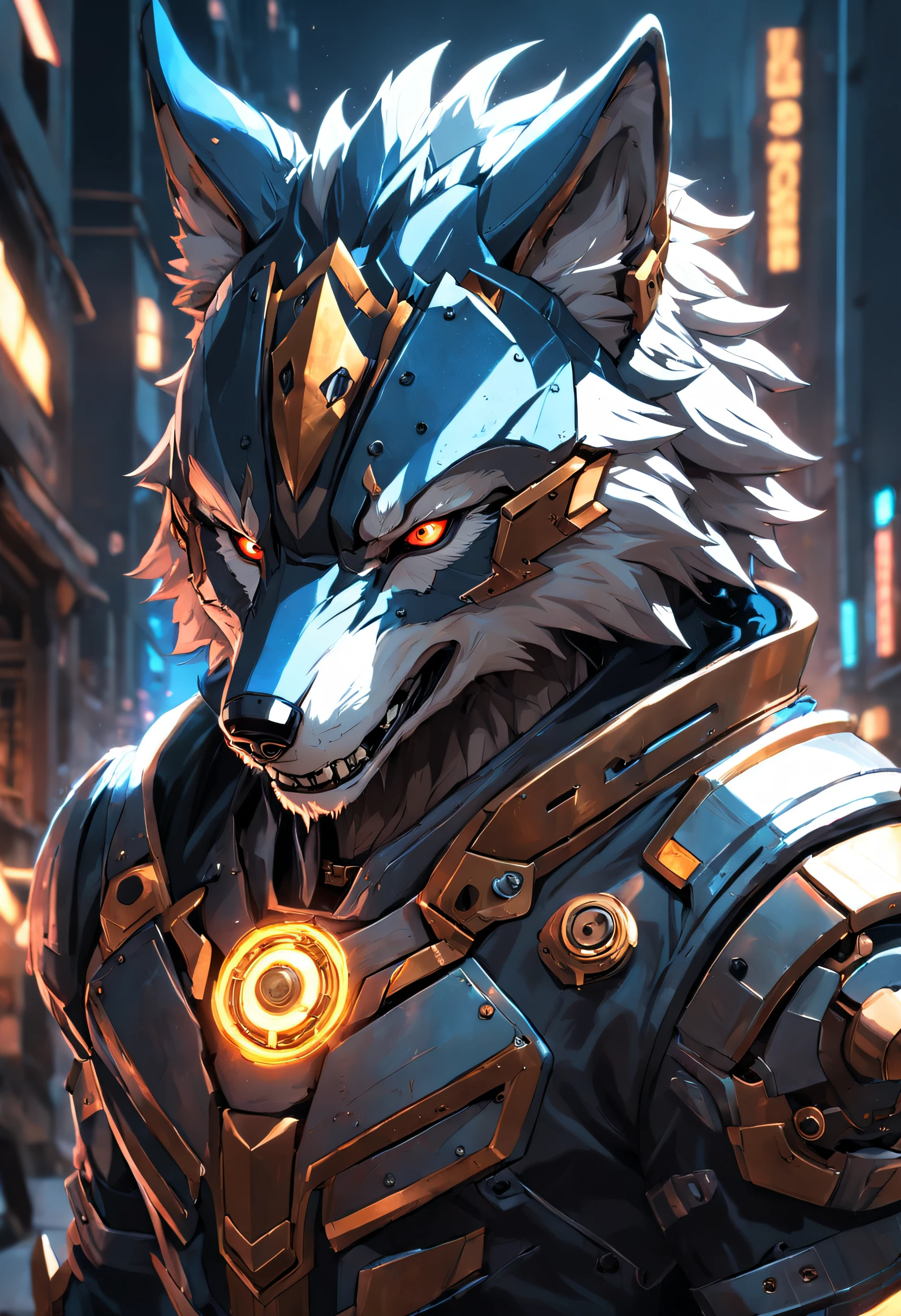 A close up of a wolf with a glowing face and a glowing collar - SeaArt AI
