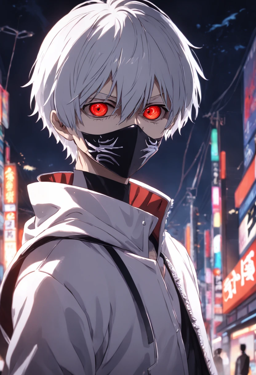 A close up of a person wearing a mask in a city - SeaArt AI