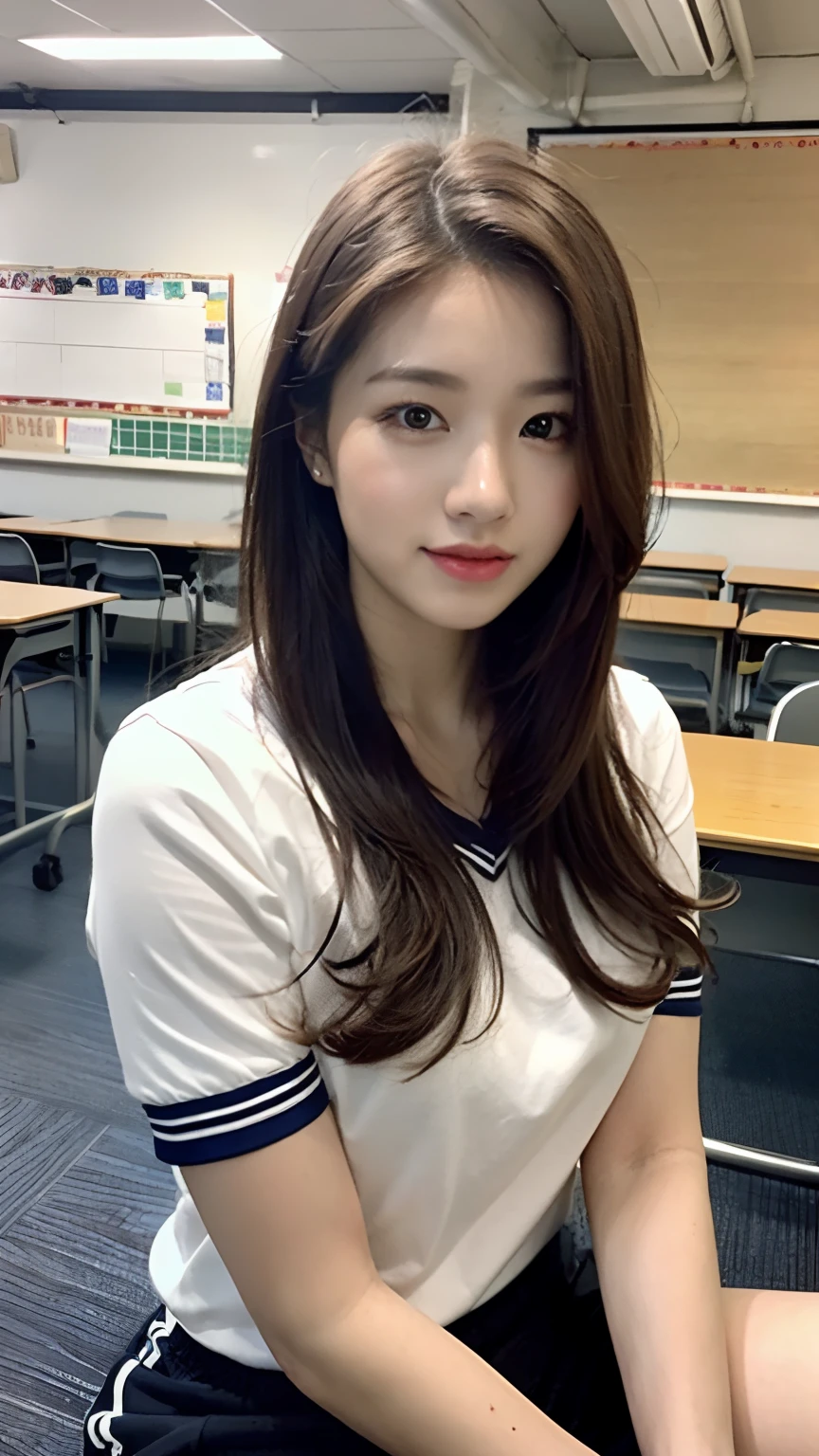 A close up of a woman sitting on a chair in a classroom - SeaArt AI