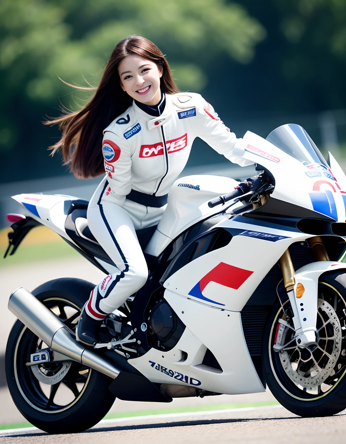 Woman in white racing suit sitting on a motorcycle on a track - SeaArt AI
