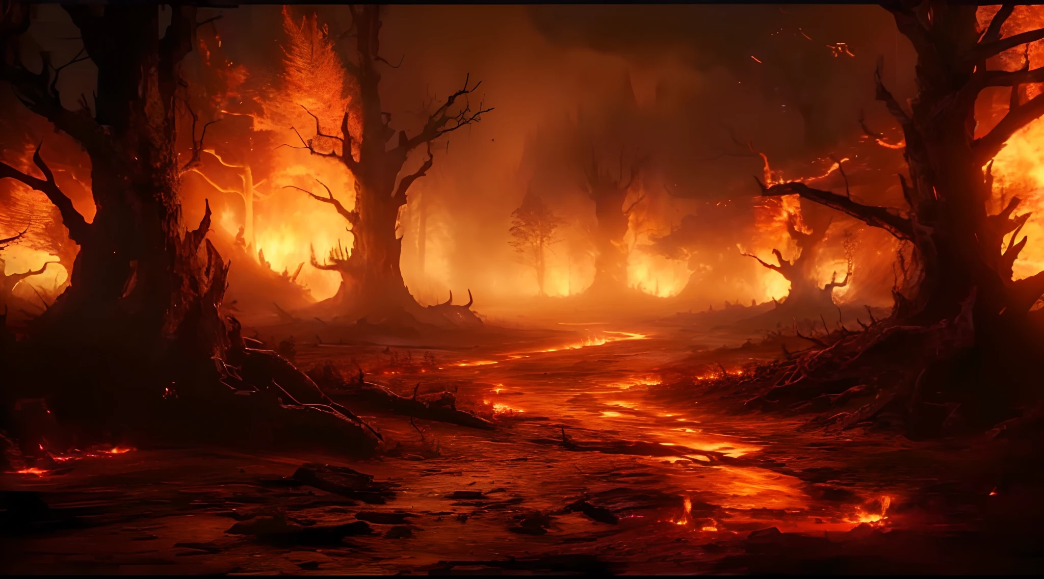 A fire scene with a stream of water running through it - SeaArt AI
