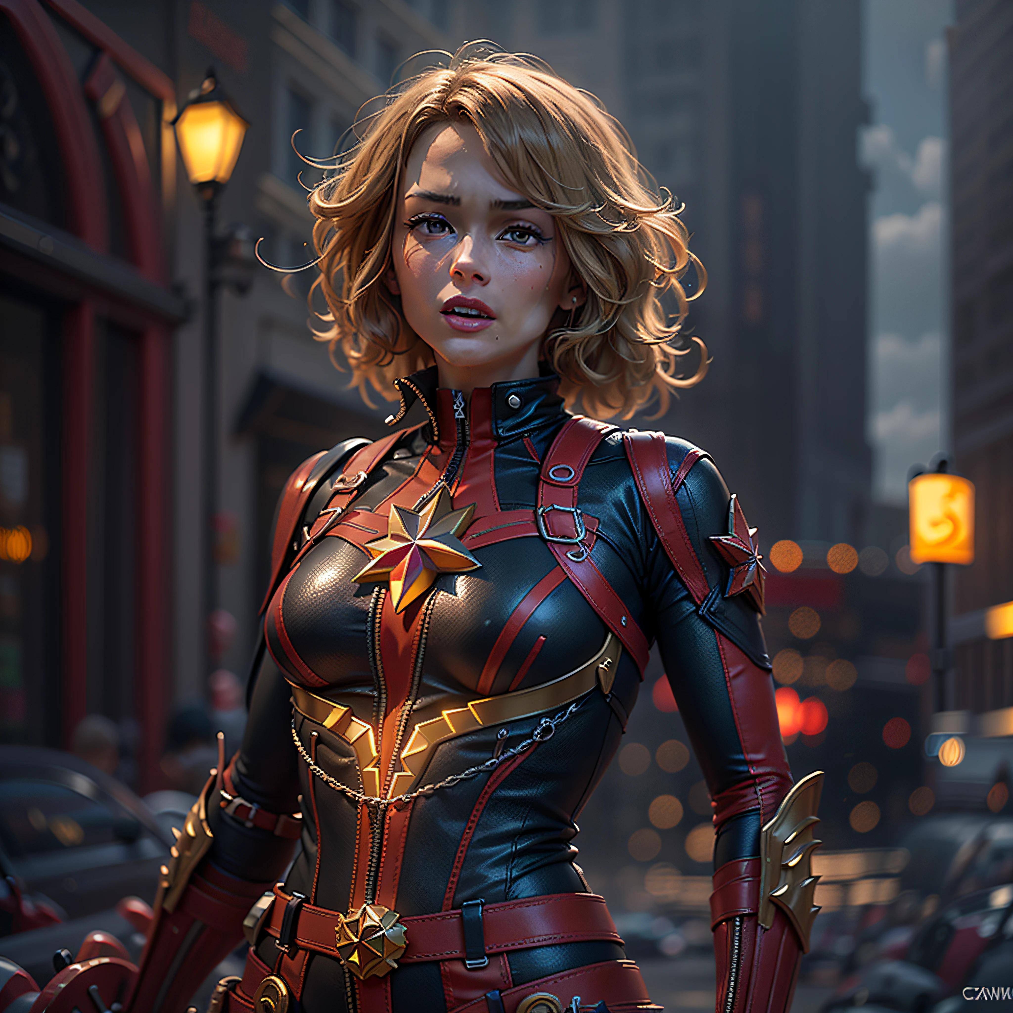 A close up of a woman in a leather outfit standing in a city - SeaArt AI