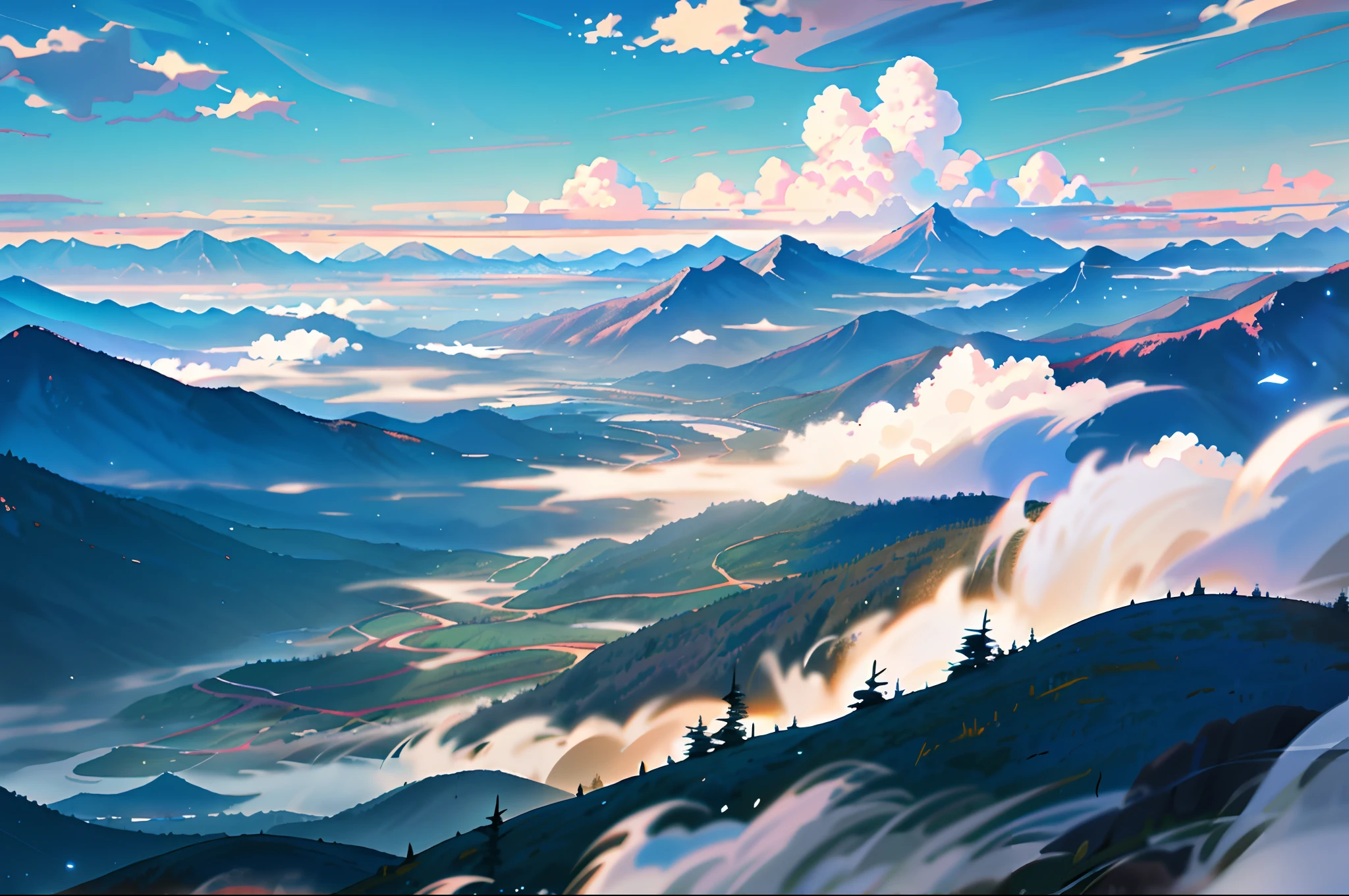 Mountains and clouds in the distance with a valley below - SeaArt AI