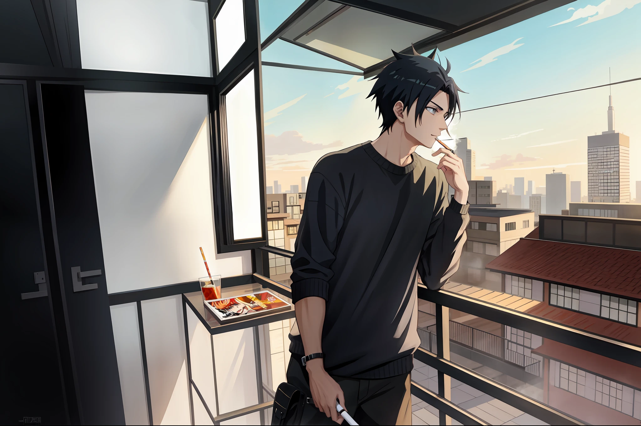 Anime guy smoking a cigarette on a balcony overlooking a city - SeaArt AI