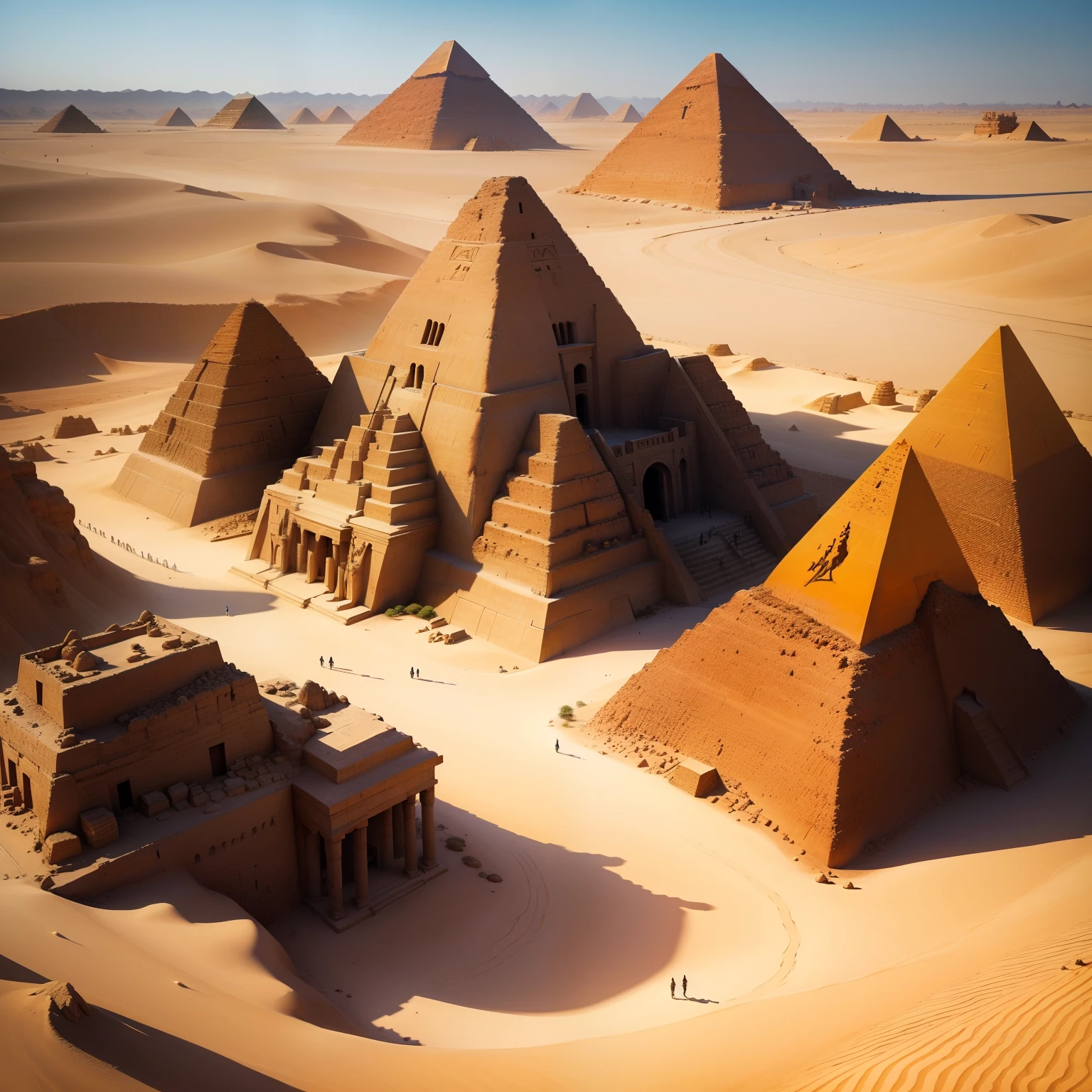 Arafed pyramids in the desert with a few people walking around - SeaArt AI