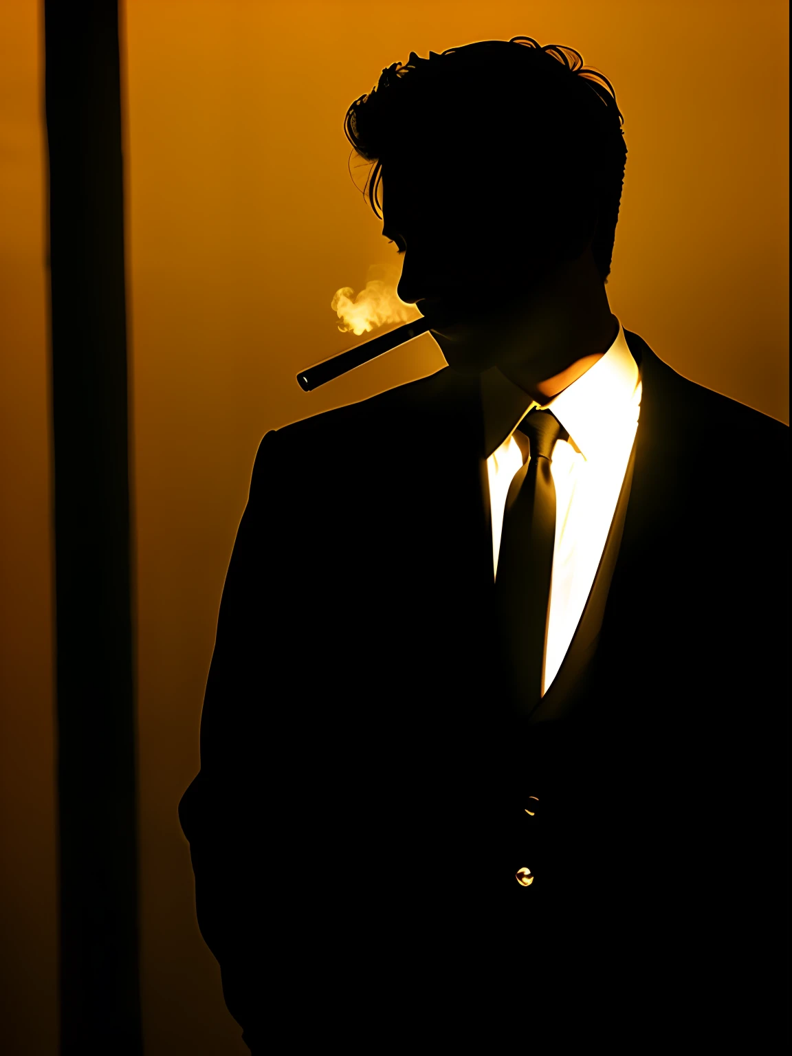 Arafed man in a suit smoking a cigarette in a dark room - SeaArt AI