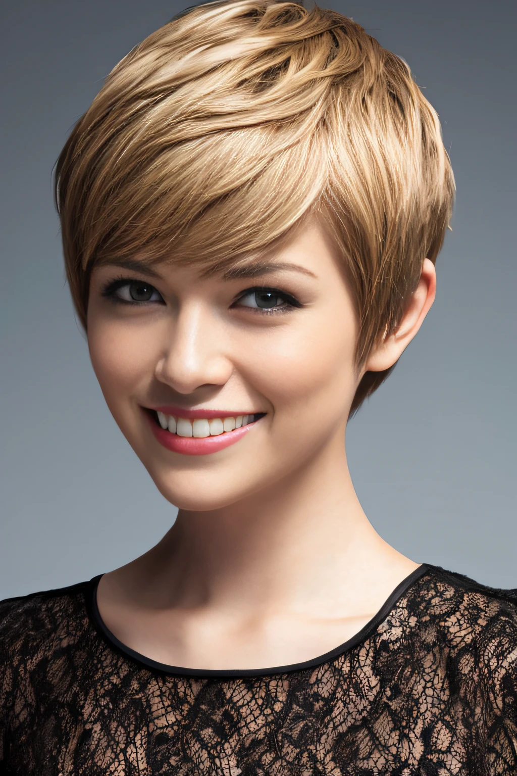 A woman with a short blonde haircut and a black lace top - SeaArt AI