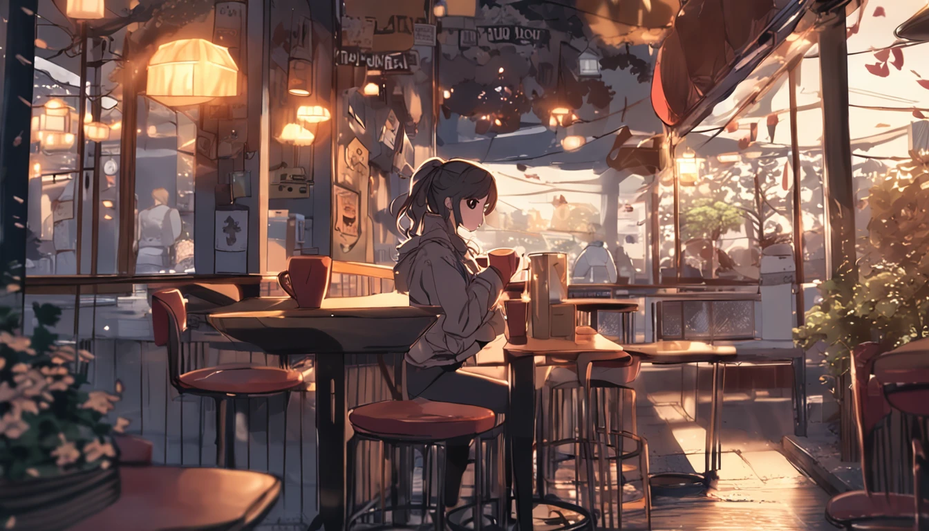 Anime girl sitting at a table in a restaurant with a laptop - SeaArt AI