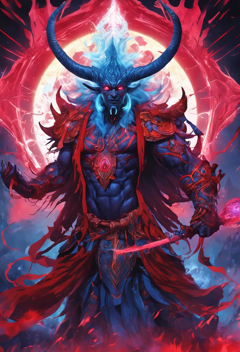 A demonic demon with horns and a red robe stands in front of a red sun ...