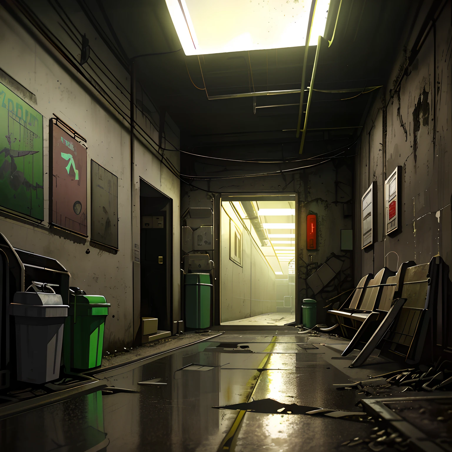 There is a hallway with trash cans and trash cans in it - SeaArt AI