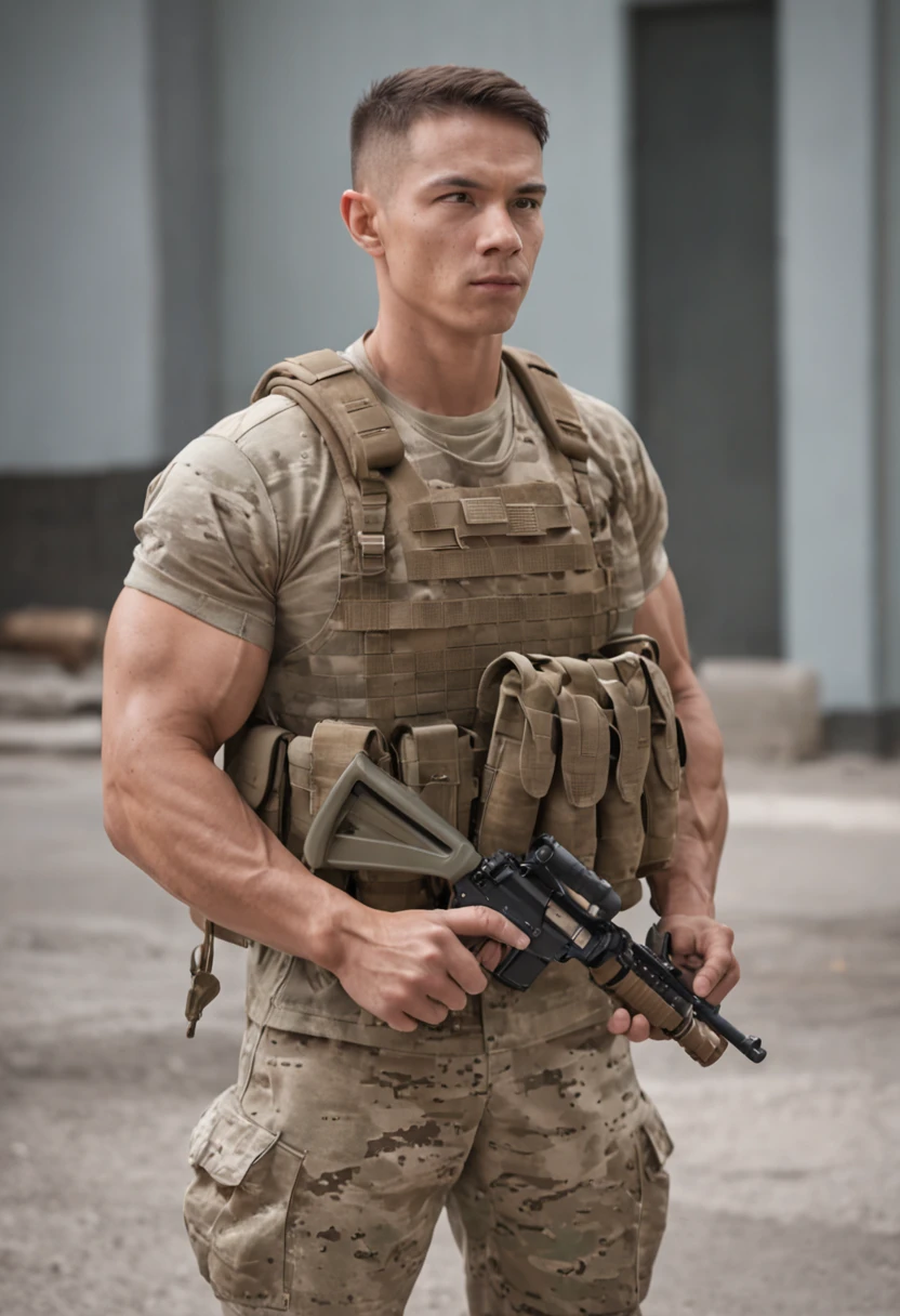 A man in military gear holding a rifle and looking at the camera ...