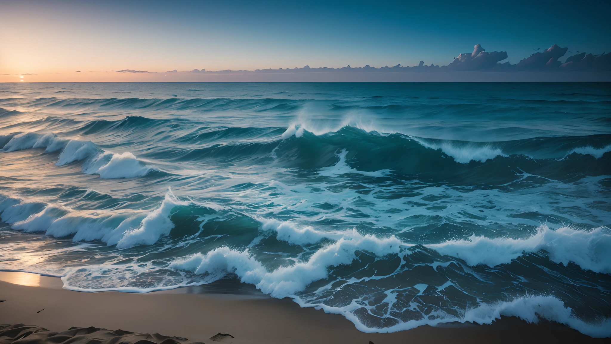Arafed view of a beach with waves crashing on the shore - SeaArt AI