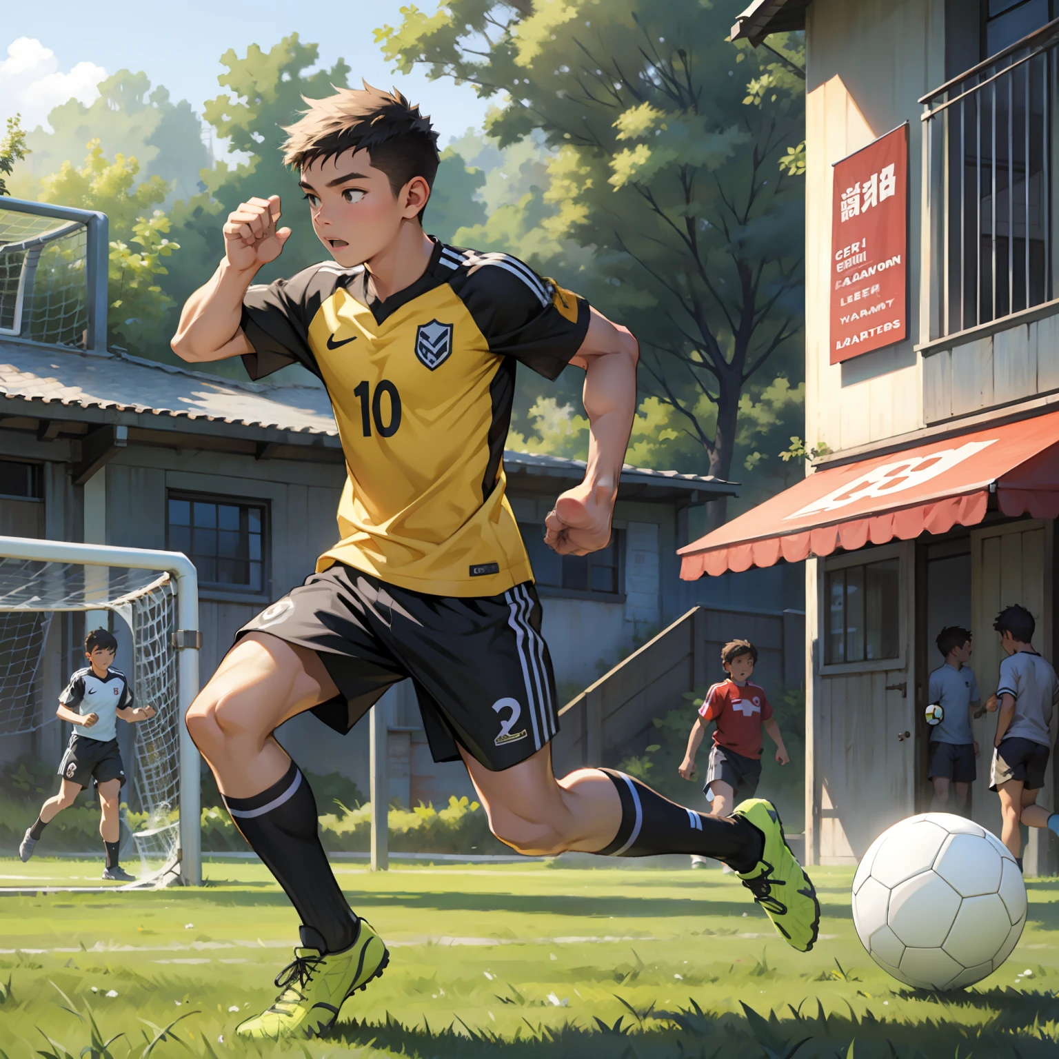 Anime soccer player in yellow and black uniform kicking a soccer ball ...