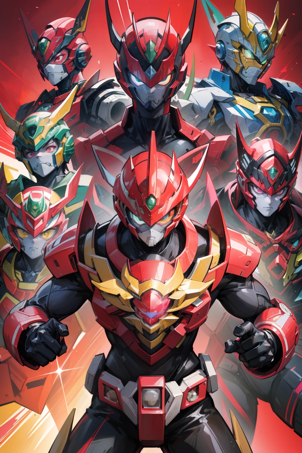 A group of red and yellow power rangers standing in front of a red ...