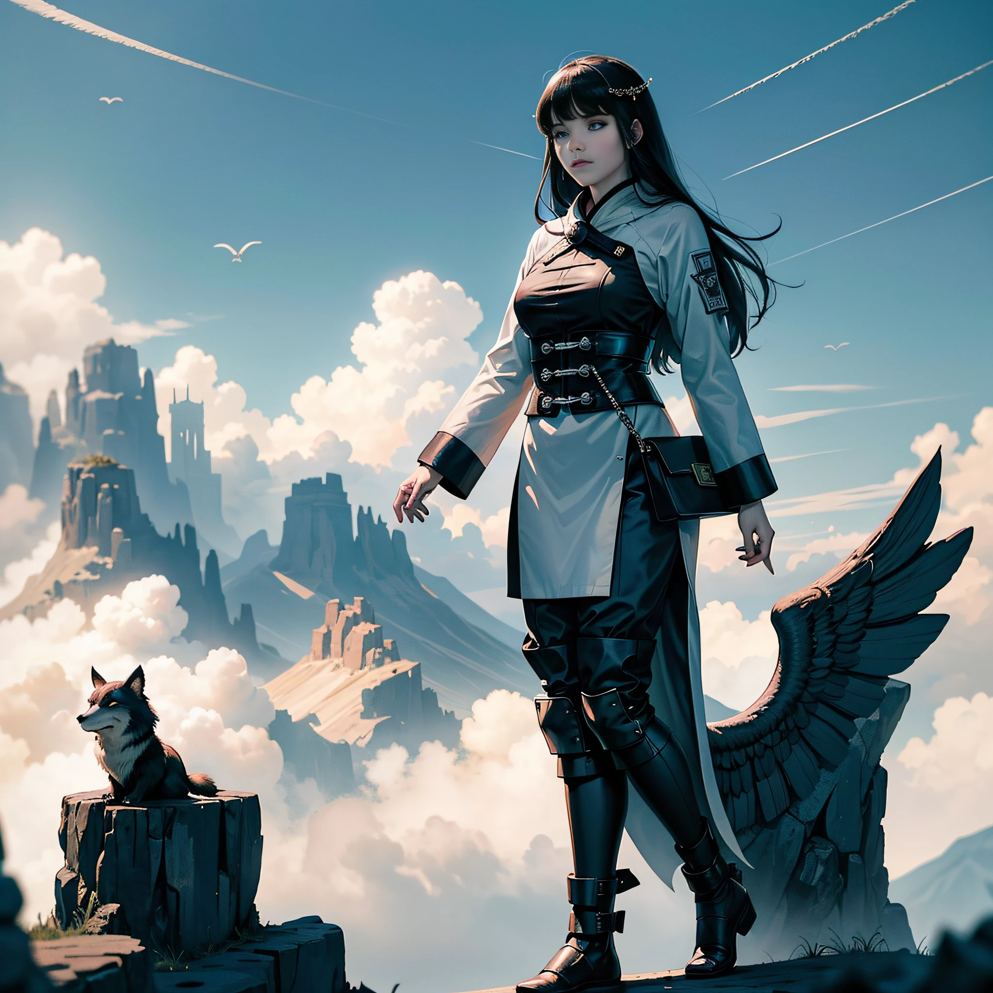 A woman standing on a rock with a dog in front of a mountain - SeaArt AI