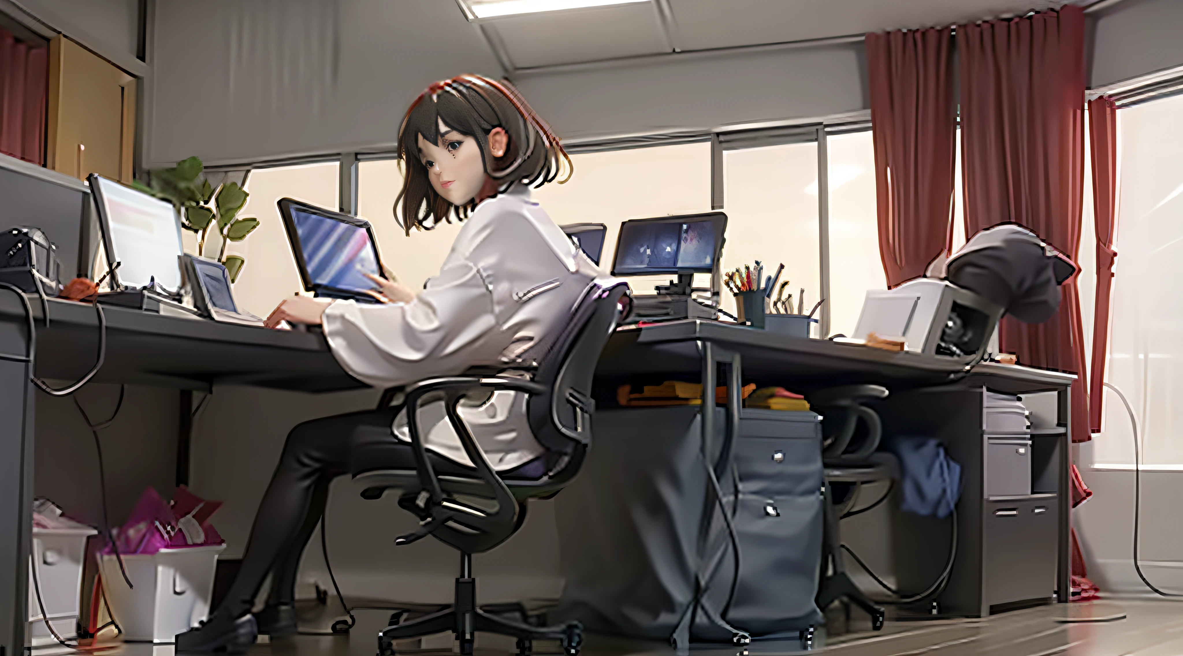 Anime character sitting at a desk with two laptops on it - SeaArt AI