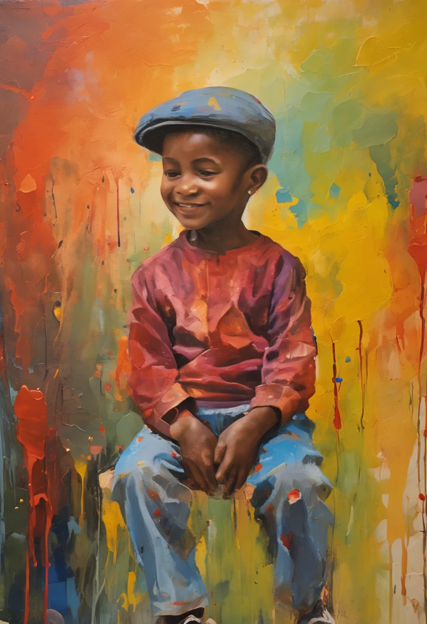 Painting of a boy sitting on a bench with a hat on - SeaArt AI