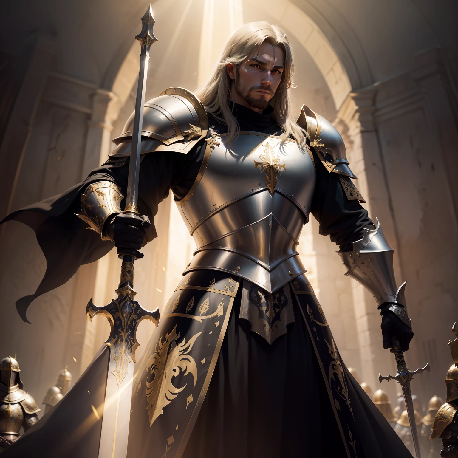 A close up of a person in armor holding a sword - SeaArt AI