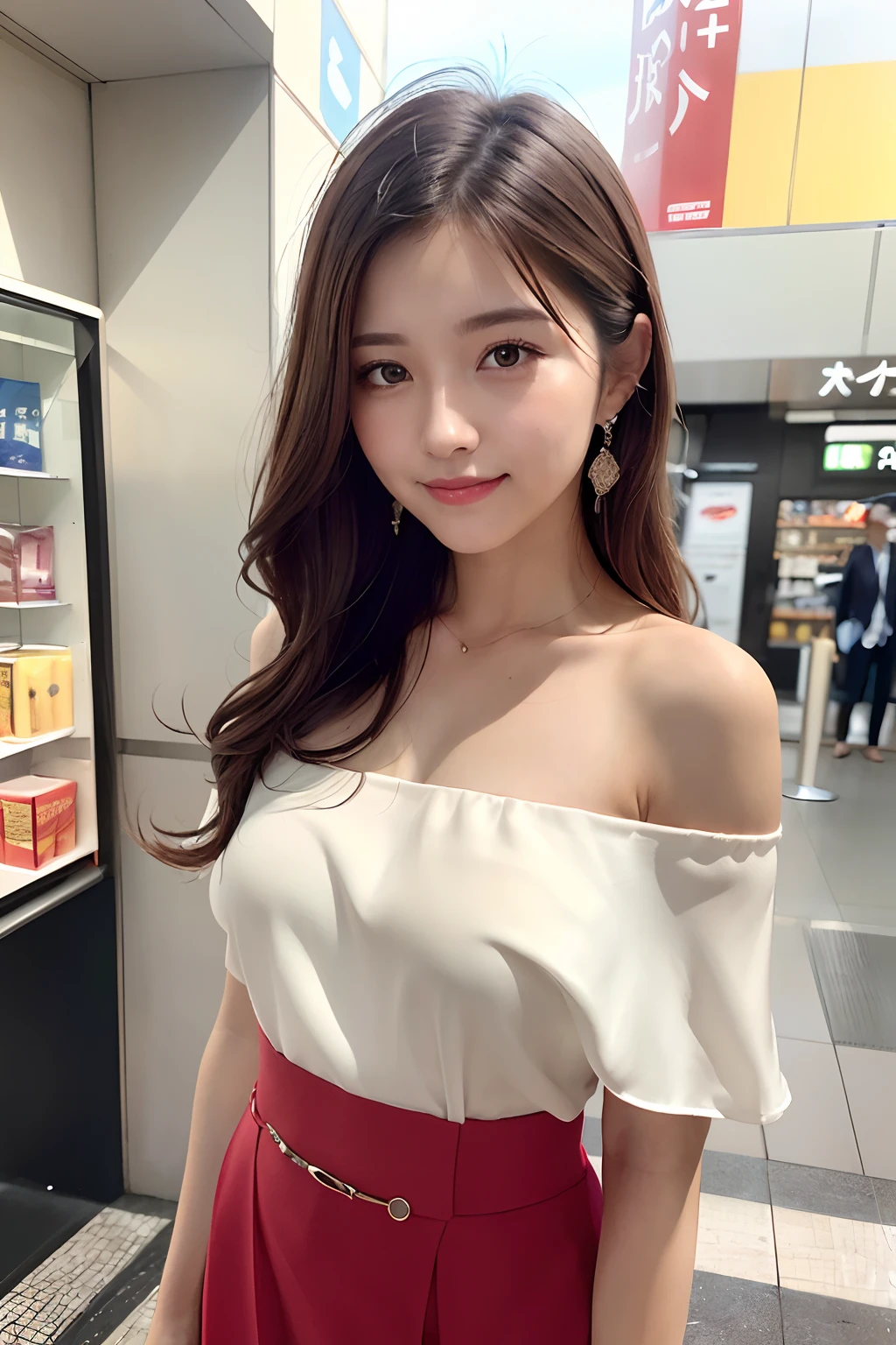 A close up of a woman in a red skirt and white top - SeaArt AI