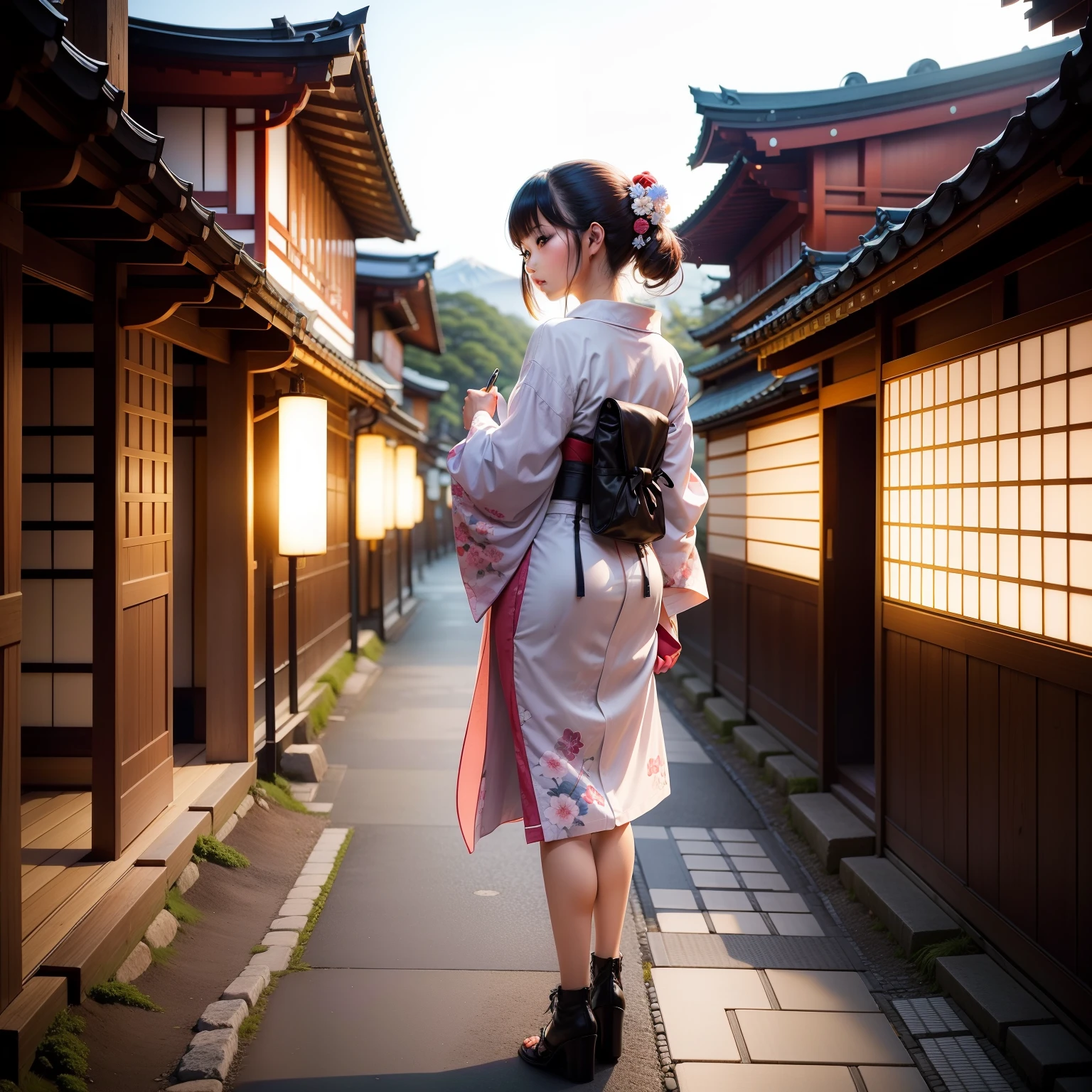 Araffe dressed woman walking down a narrow alley in a traditional ...