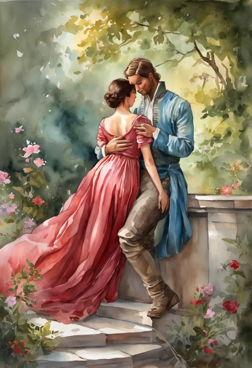 A painting of a man and woman in a red dress embracing - SeaArt AI