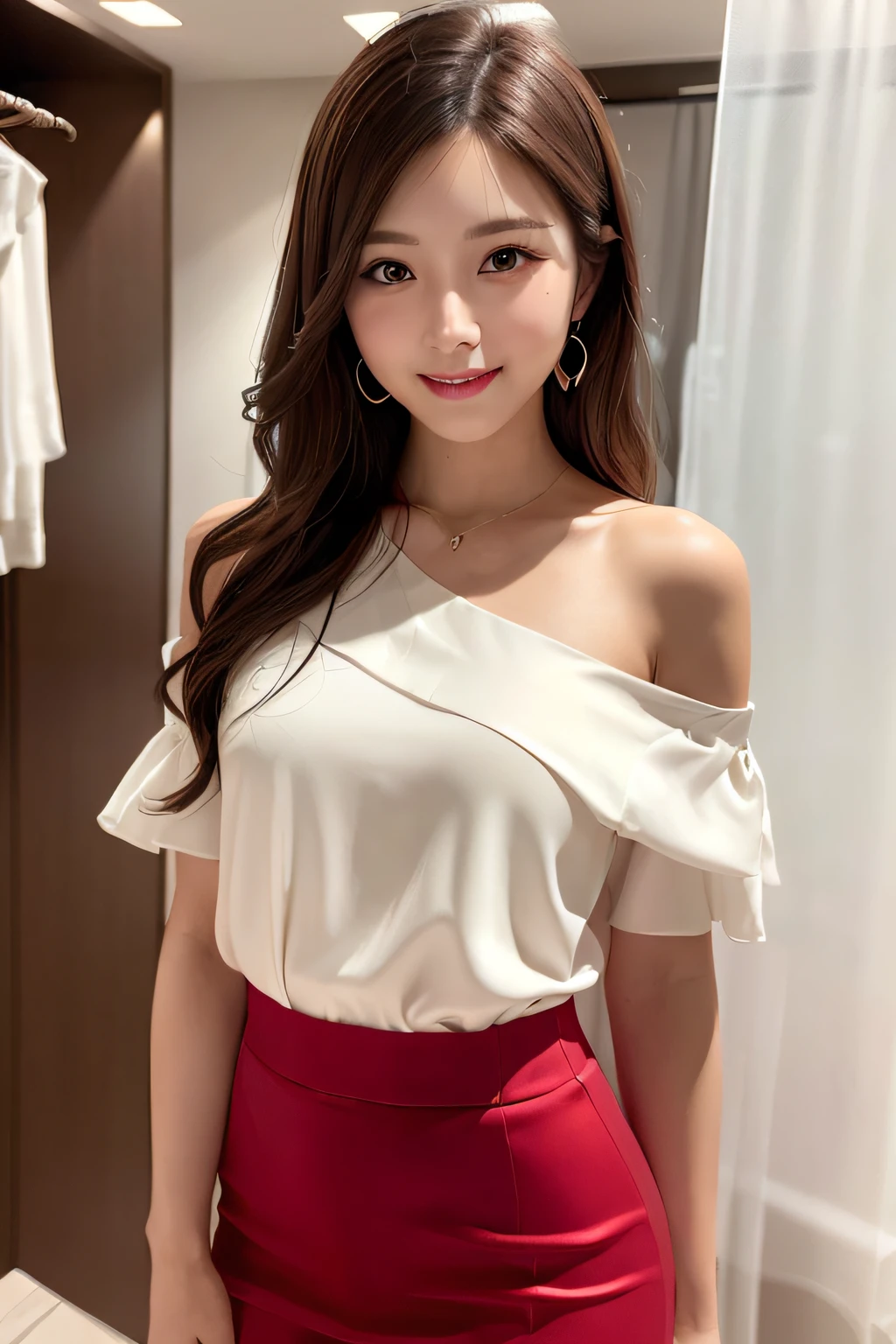 A woman in a white top and red skirt posing for a picture - SeaArt AI