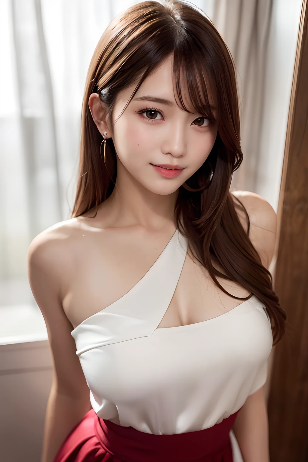 A woman in a white top and red skirt posing for a picture - SeaArt AI