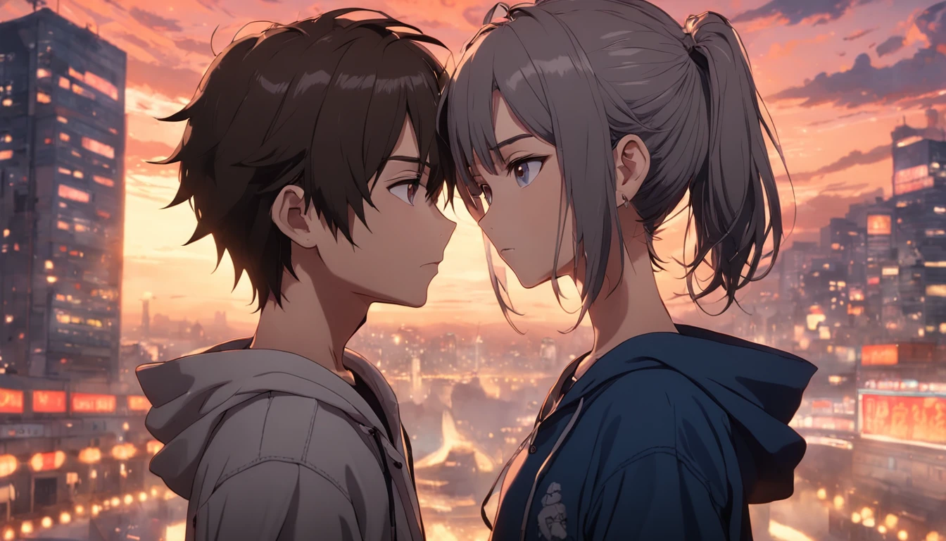 Two anime characters are facing each other in front of a city - SeaArt AI