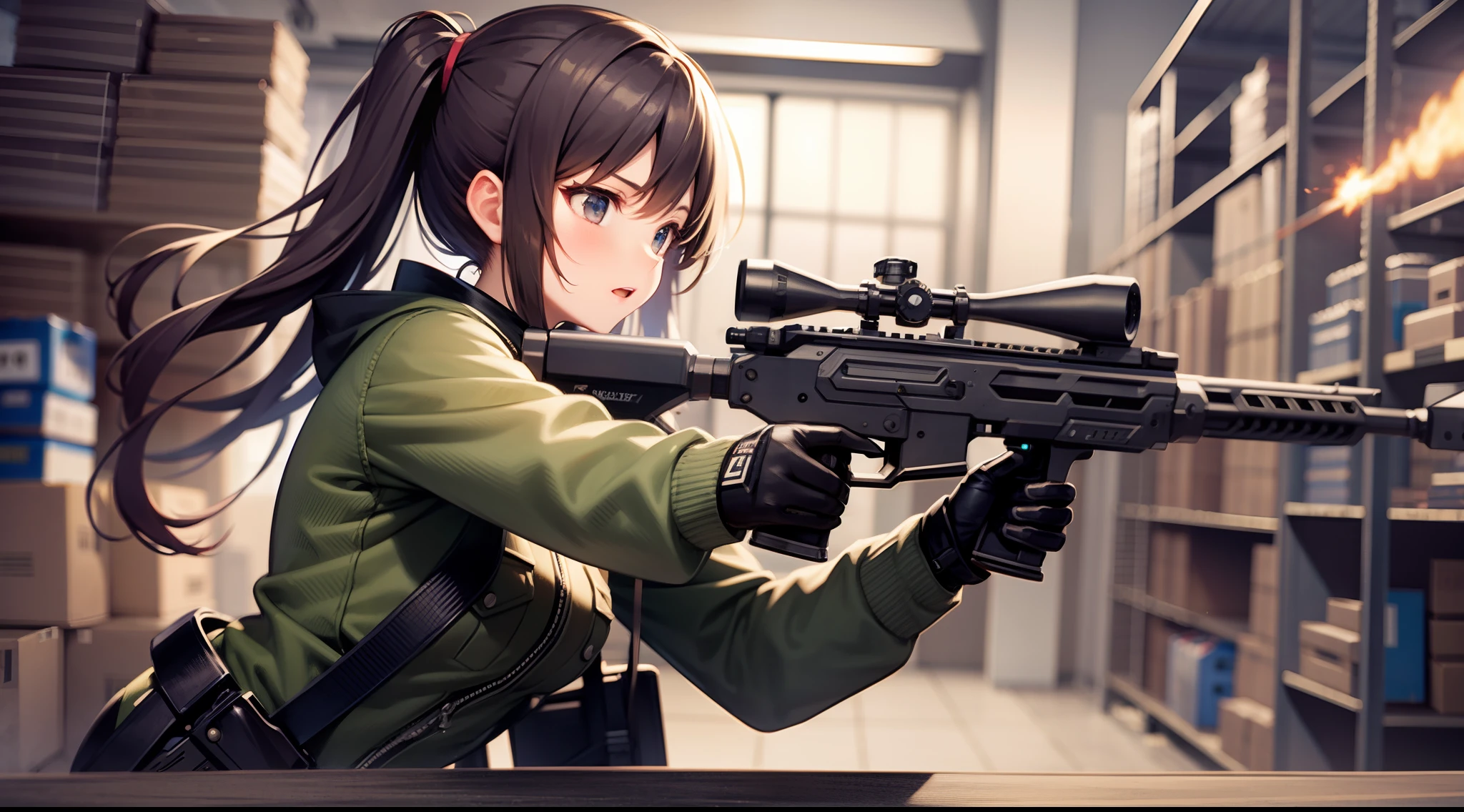Anime girl with rifle in a library with shelves of books - SeaArt AI