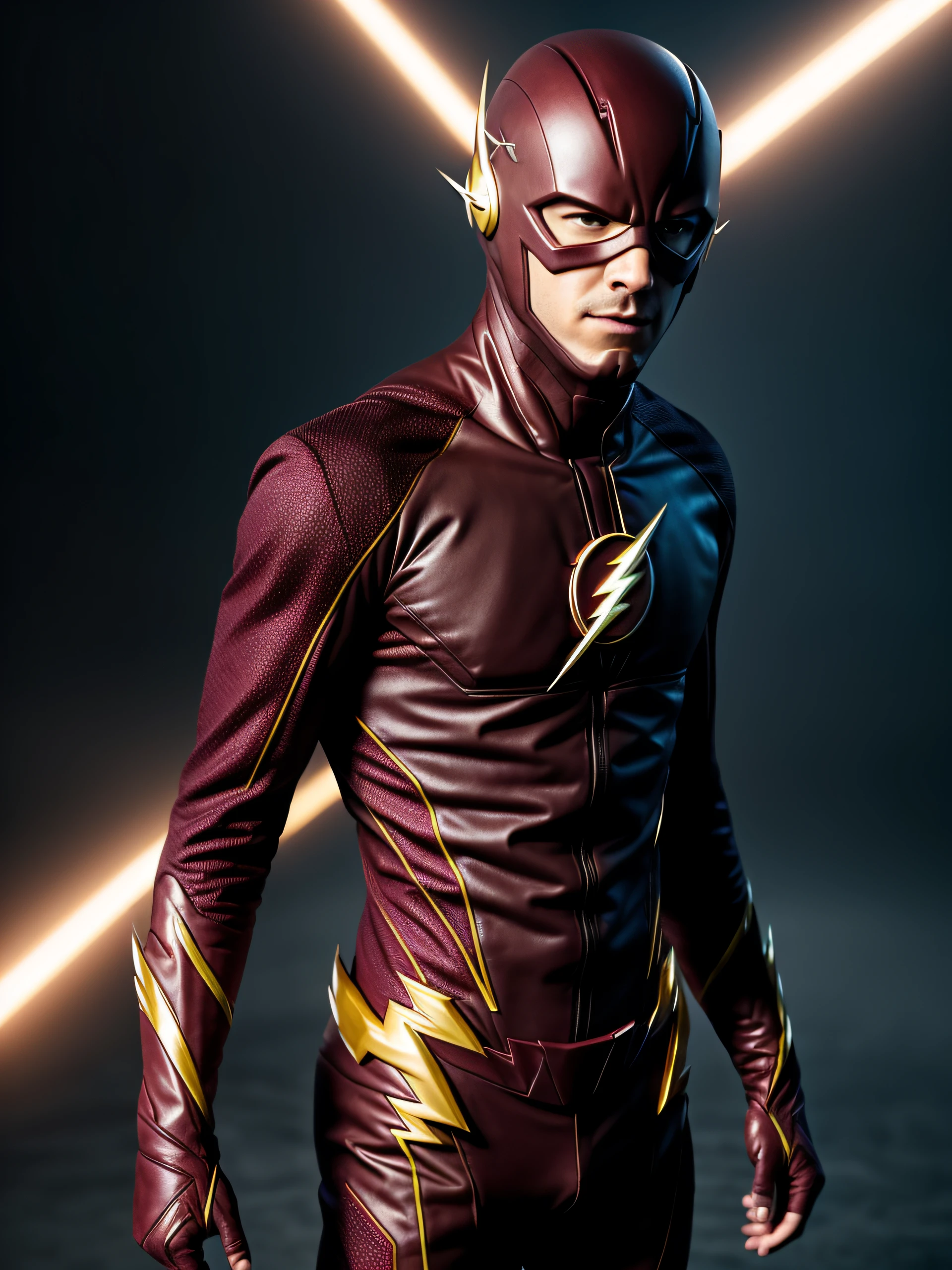 A close up of a man in a flash costume standing in front of a light ...