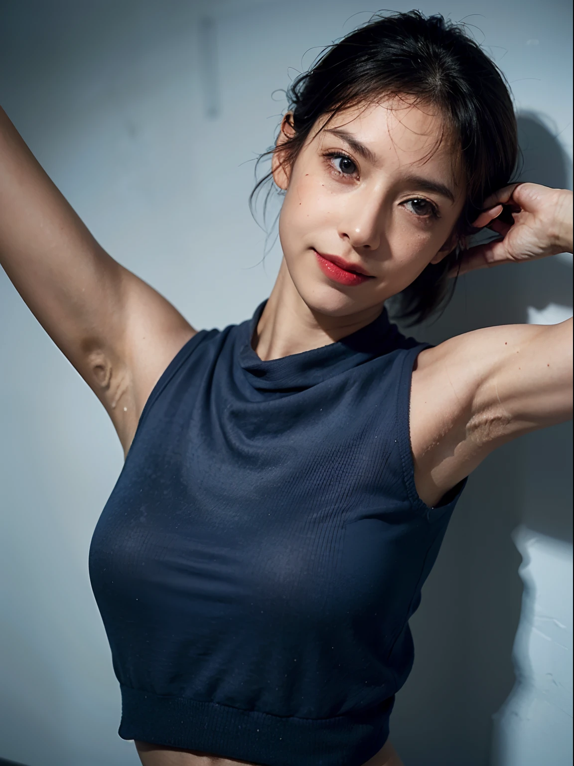 A close up of a woman in a blue top posing for a picture - SeaArt AI
