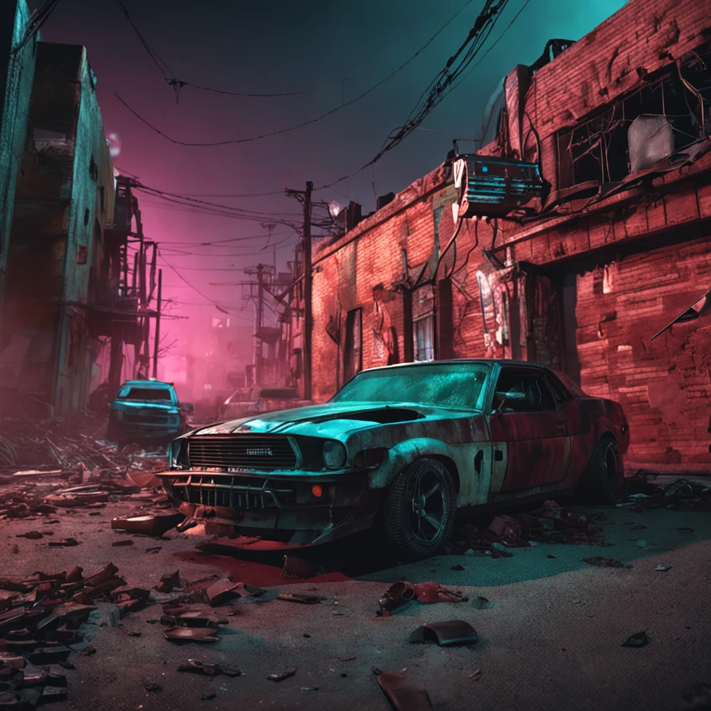 A car is parked in a ruined city street at night - SeaArt AI