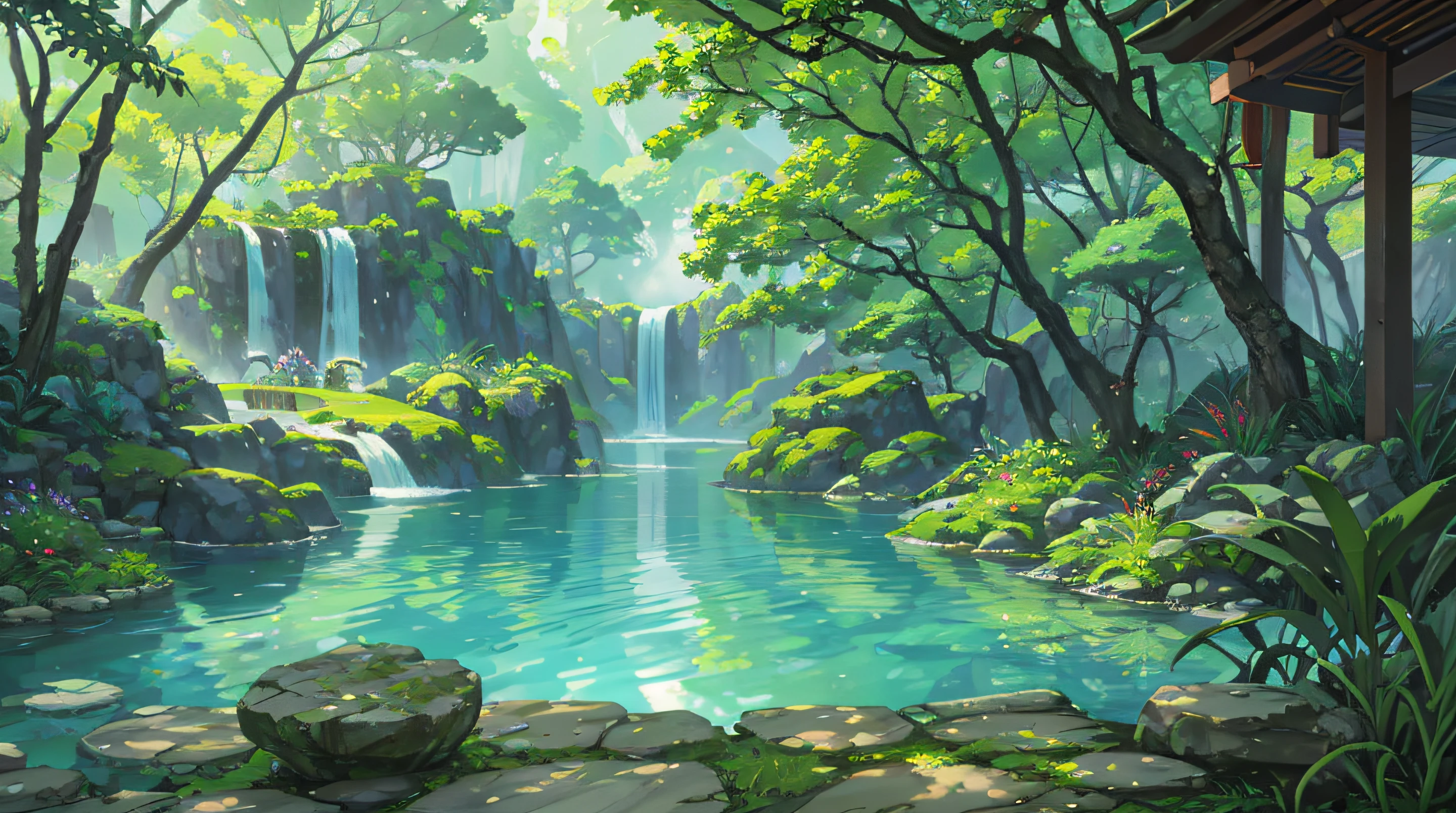 Anime scenery of a waterfall in a forest with rocks and trees - SeaArt AI