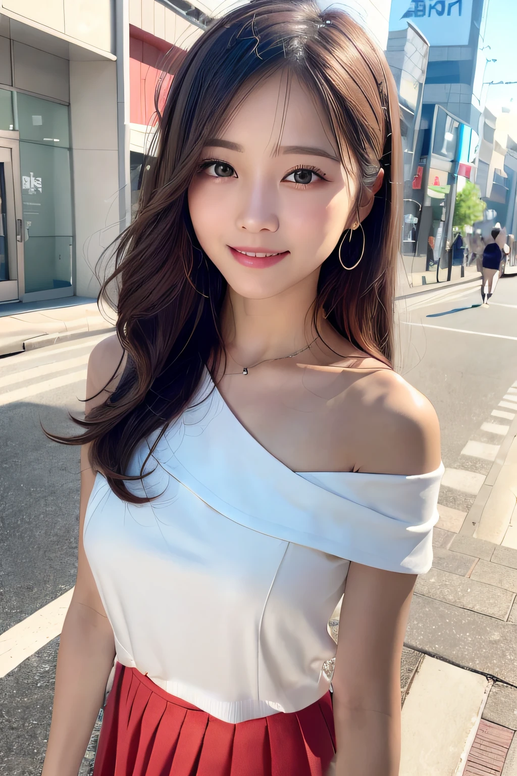 A woman in a white top and red skirt standing on a street - SeaArt AI